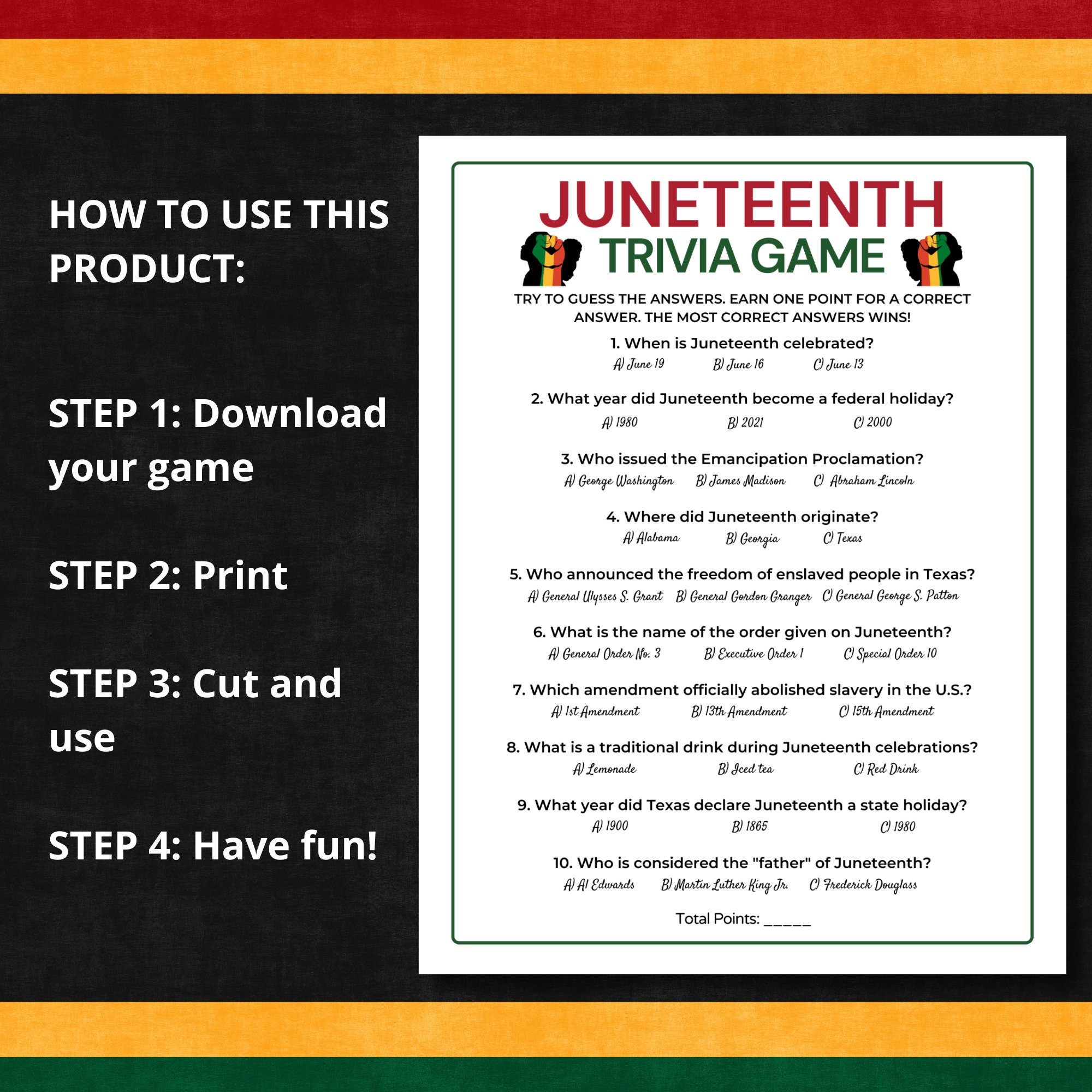 Juneteenth Trivia Game, Printable Freedom Day Trivia Game, Juneteenth ...