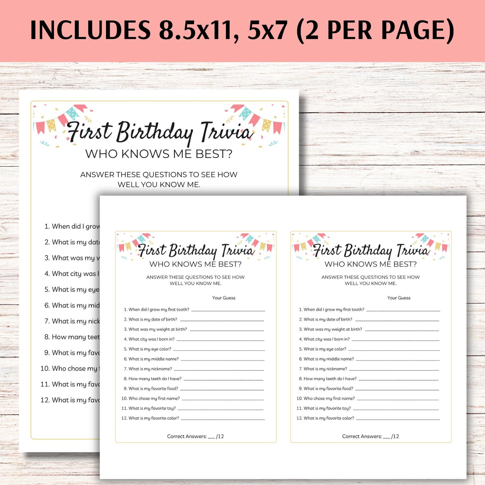 First Birthday Trivia Game, Printable First Birthday Party Game, Fun ...