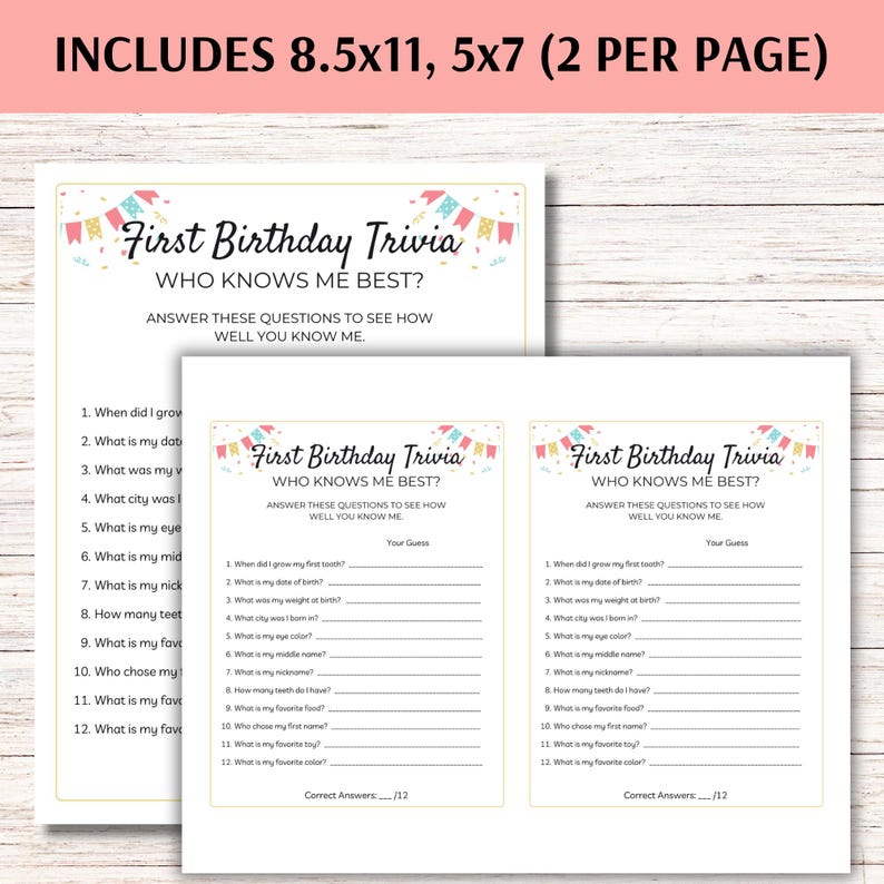 First Birthday Trivia Game, Printable First Birthday Party Game, Fun ...