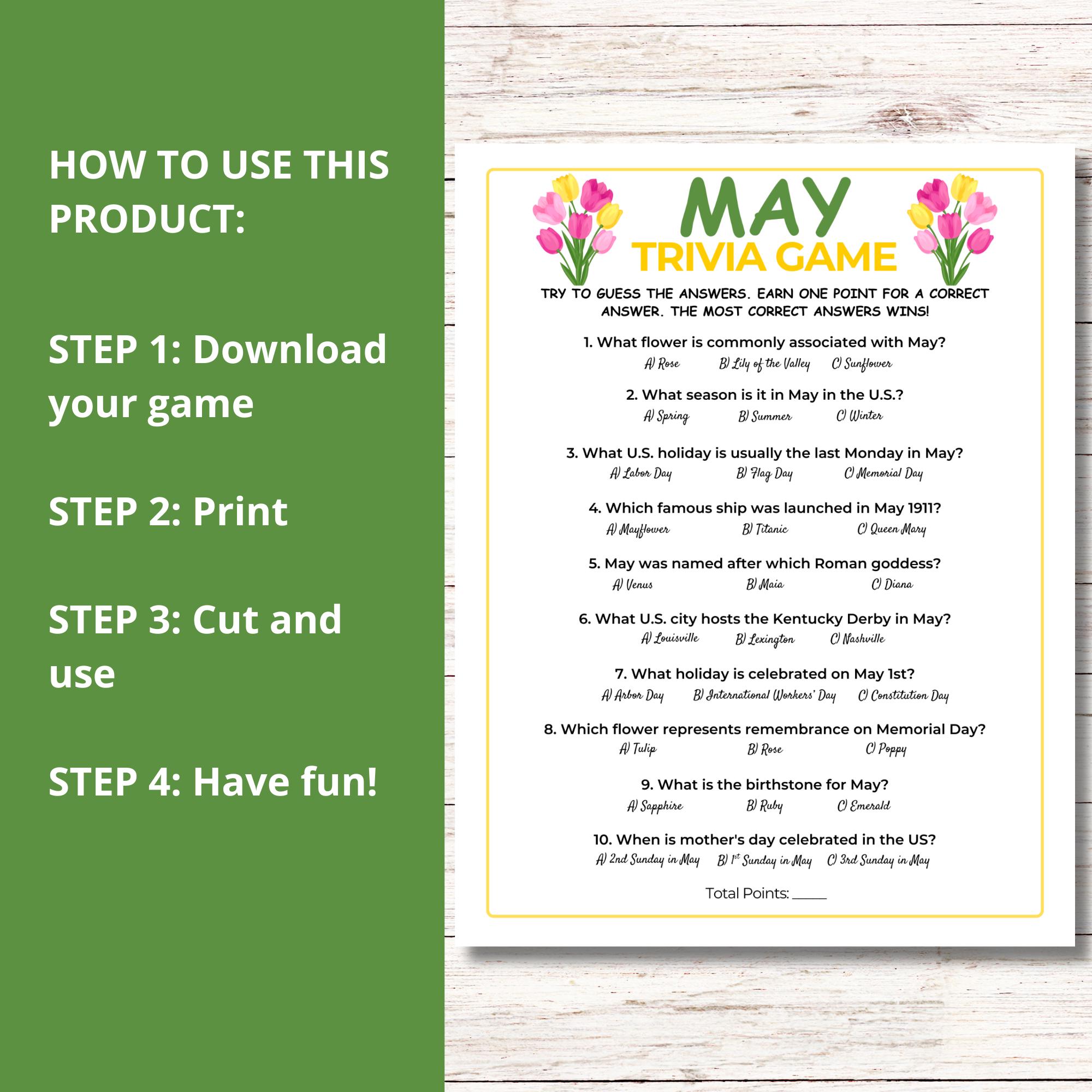 May Trivia Game, Printable May Party Game, Fun Spring Activities for ...