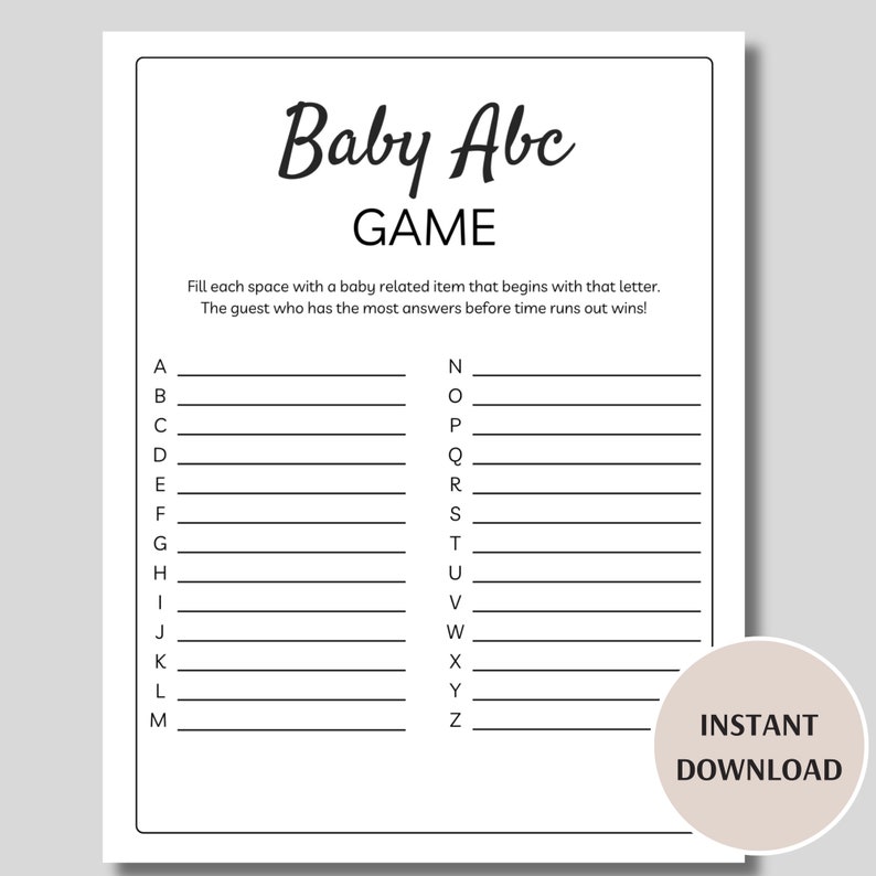Baby ABC Game, Printable Baby Shower, ABC Game, Baby Alphabet Game, Fun ...