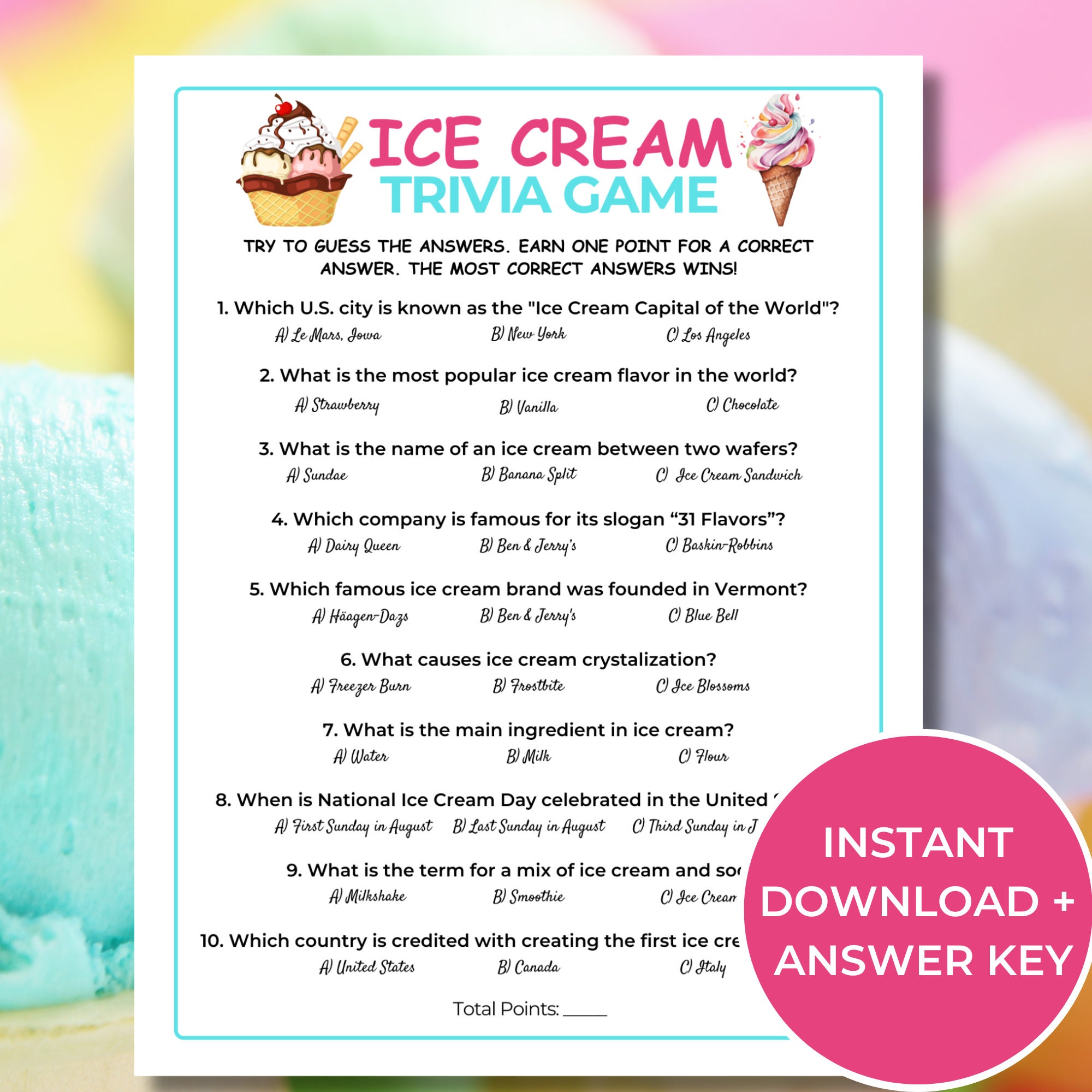 Ice Cream Trivia Game, Printable Ice Cream Party Game, Summer Activity ...