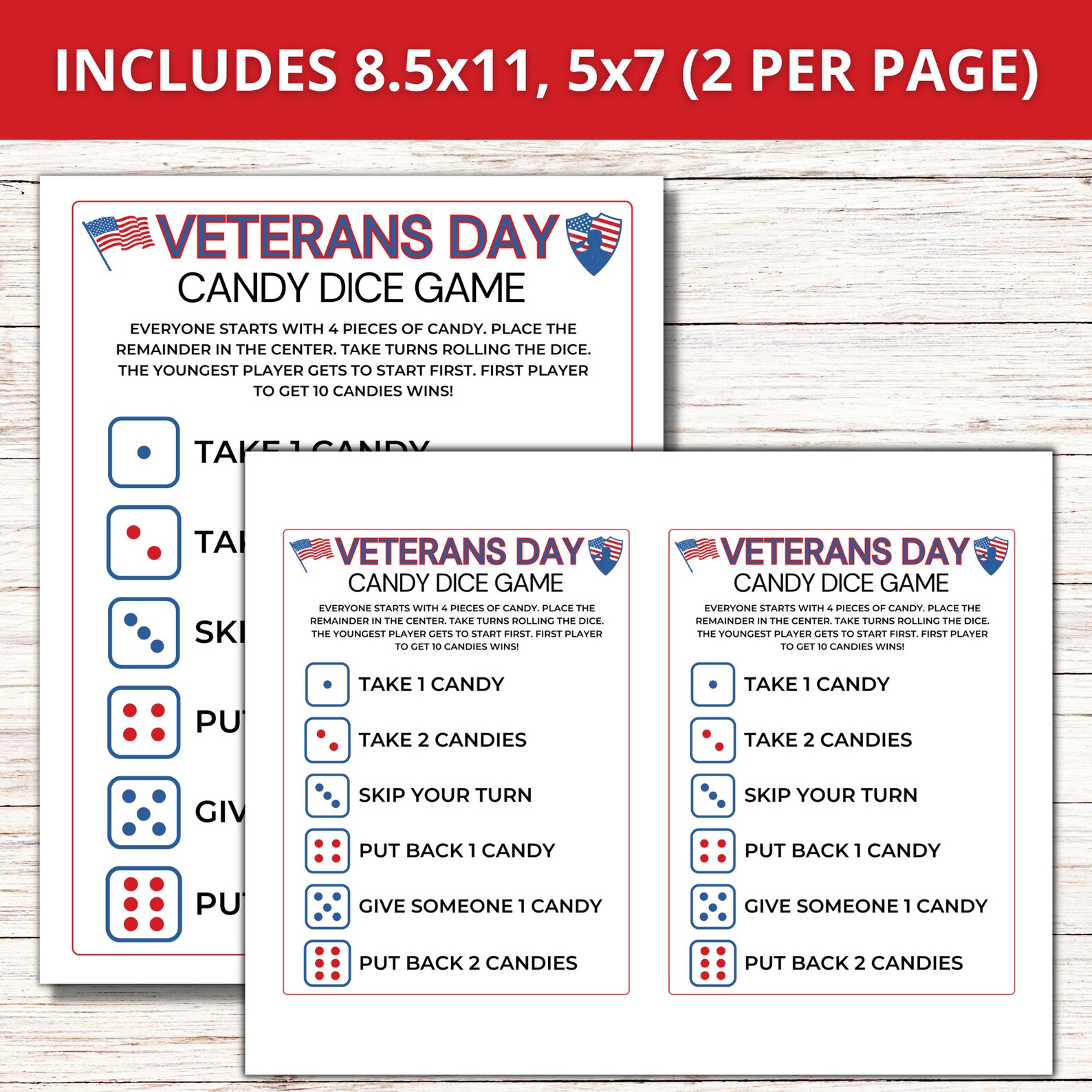 Veterans Day Candy Dice Game, Printable USA Party Games, Patriotic Dice ...