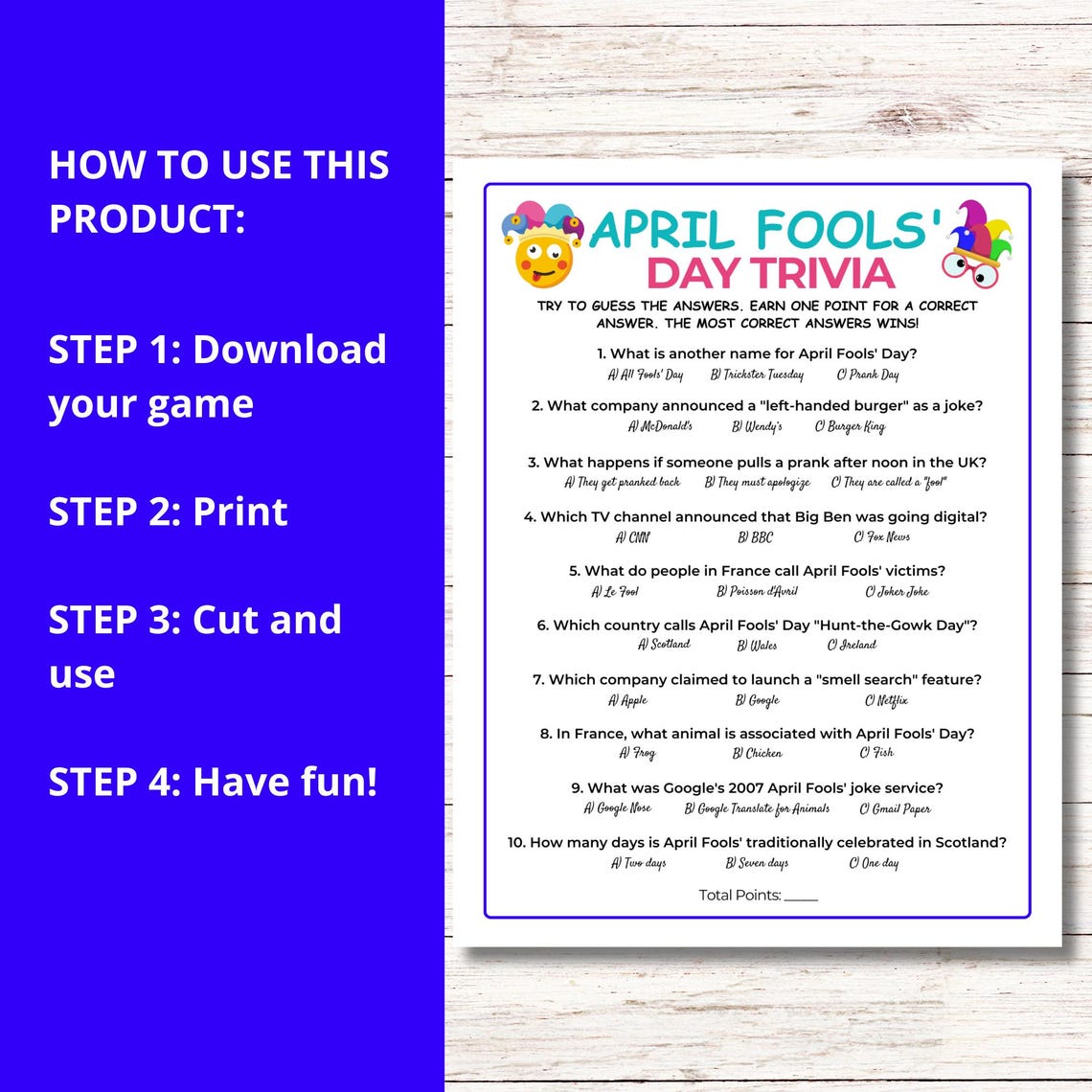 April Fools' Day Trivia Game, Printable April Fools Day Game, Fun April ...
