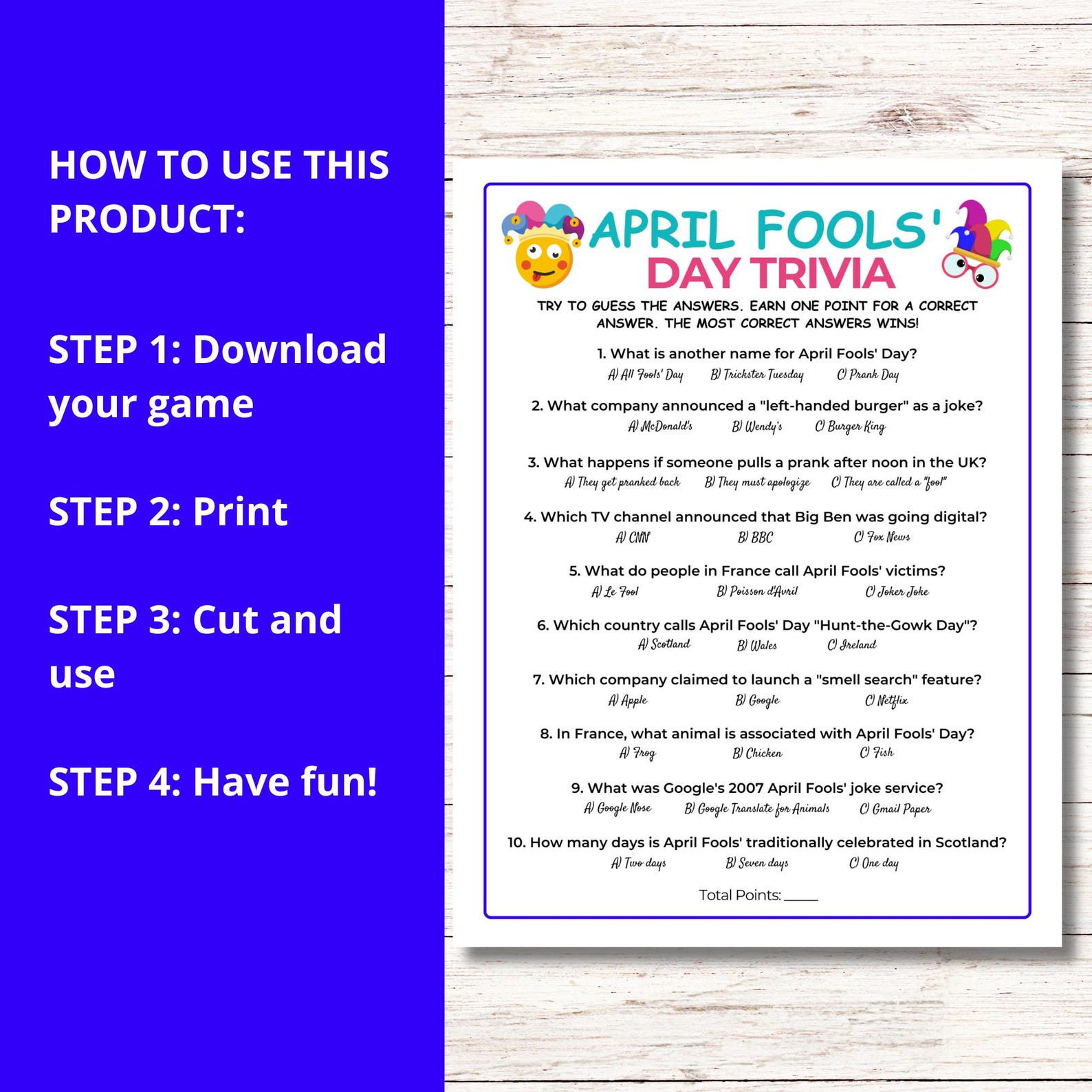 April Fools' Day Trivia Game, Printable April Fools Day Game, Fun April ...