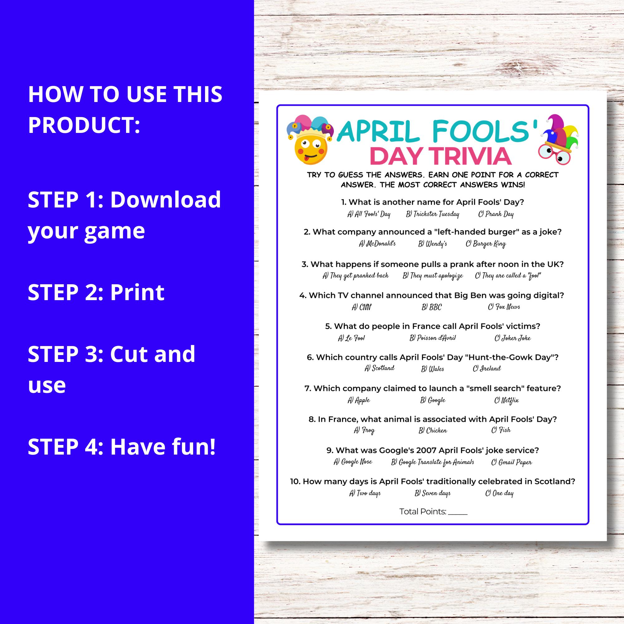 April Fools' Day Trivia Game, Printable April Fools Day Game, Fun April ...