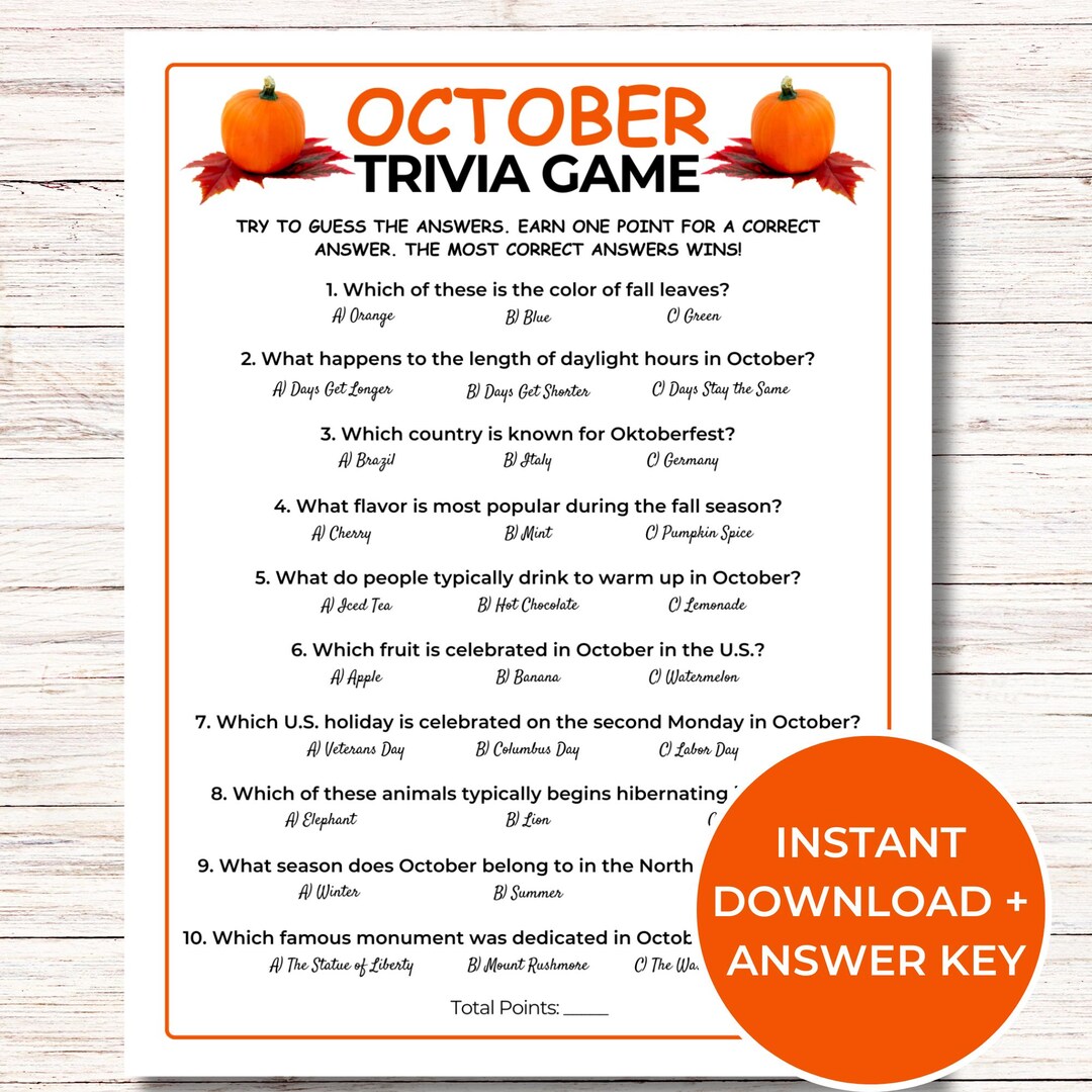 October Trivia Game, Printable October Quiz, Fall Party Games, Fall ...