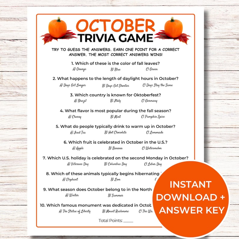 October Trivia Game, Printable October Quiz, Fall Party Games, Fall ...