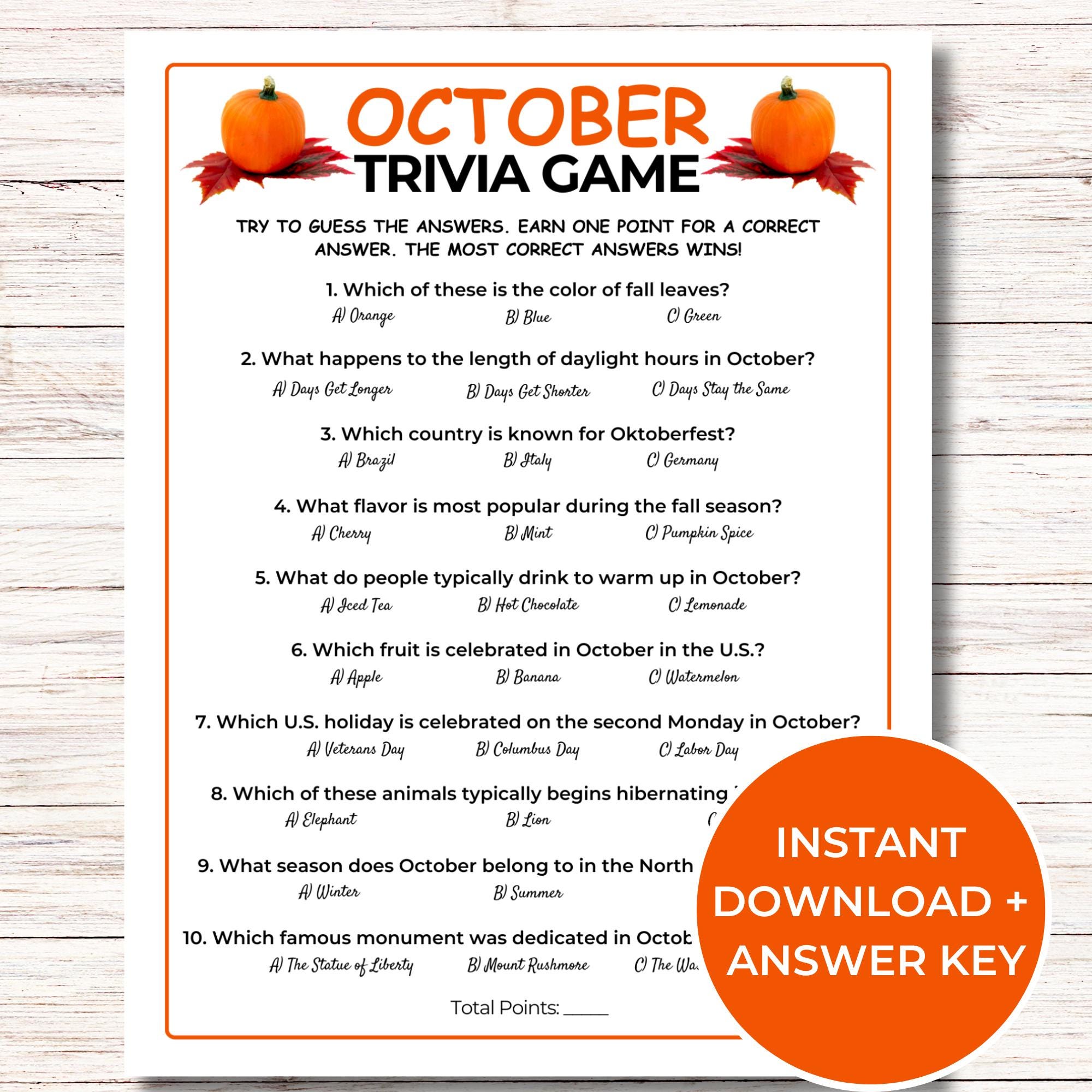October Trivia Game, Printable October Quiz, Fall Party Games, Fall ...