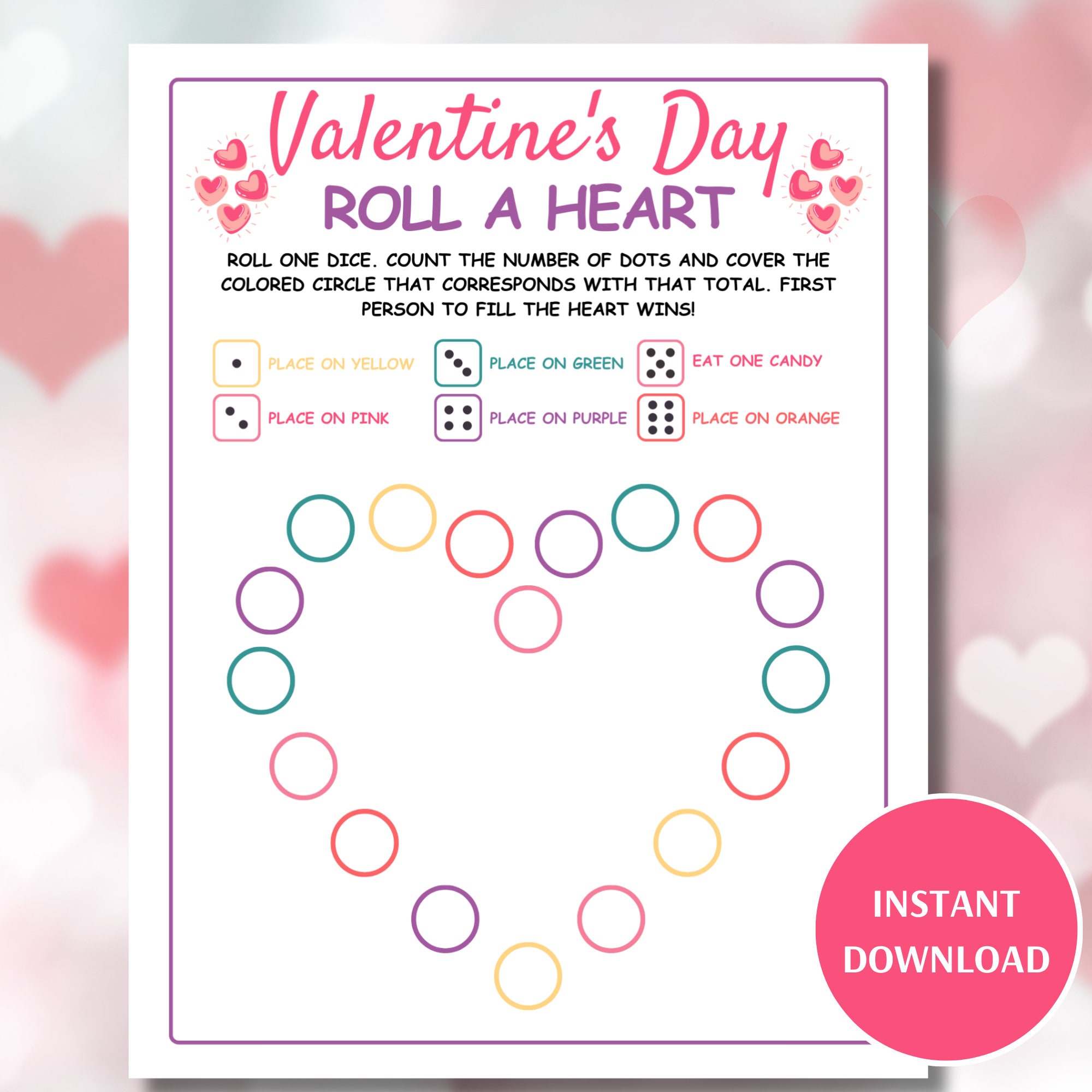 Valentine's Day Roll a Heart Game, Printable Valentines Dice Game, Fun ...