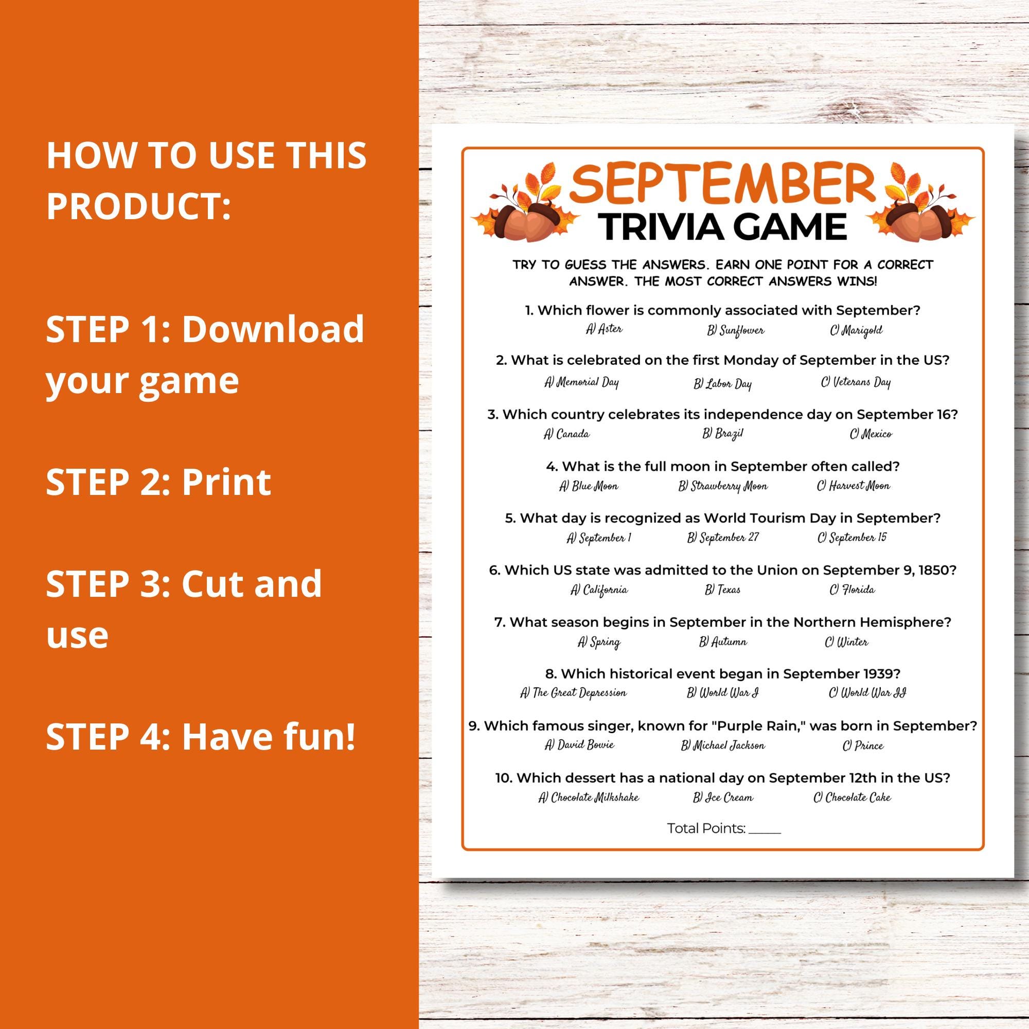 September Trivia Game, Printable September Quiz, Fall Party Games, Fall ...