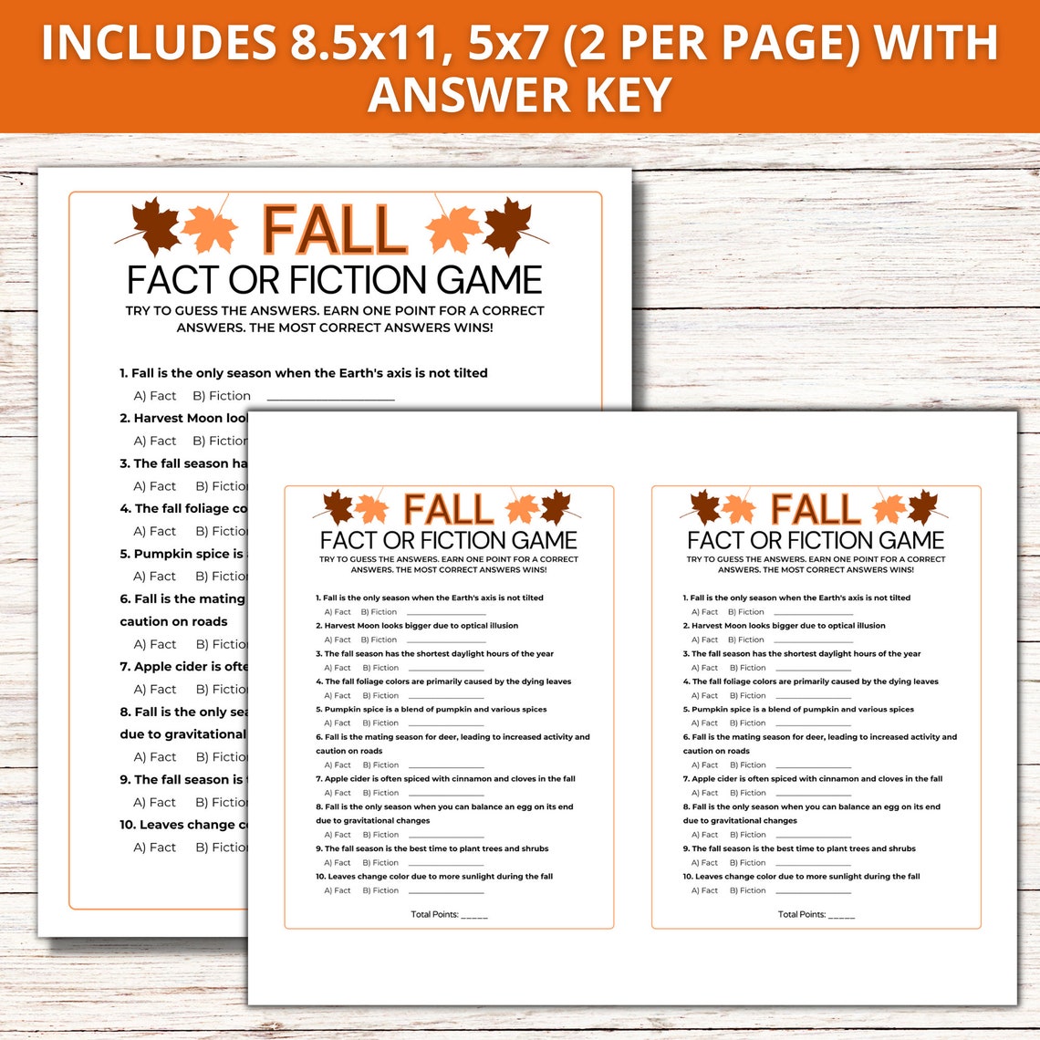 Fall Fact or Fiction Trivia Game, Fun Fall Activities, Fall Printable ...
