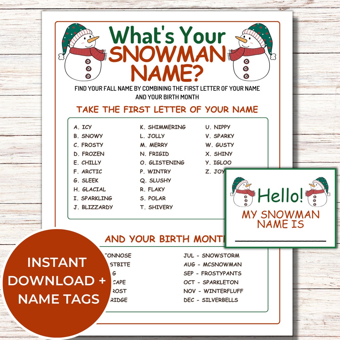 What's Your Snowman Name Game, Printable Snowman Name Generator Game ...