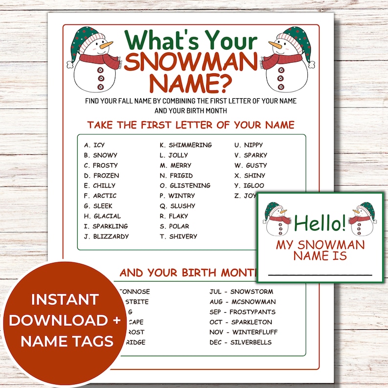 What's Your Snowman Name Game, Printable Snowman Name Generator Game ...
