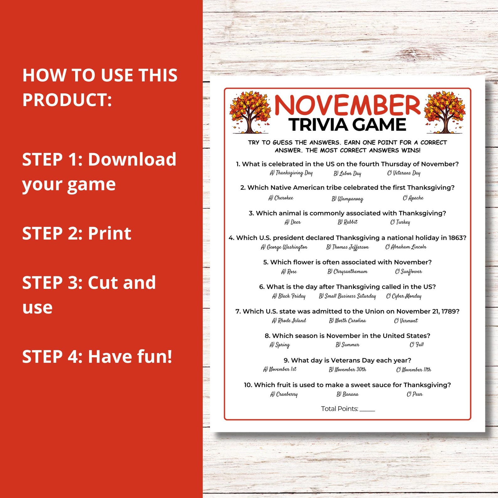 November Trivia Game, Printable November Quiz, Fall Party Games, Fall ...