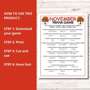 November Trivia Game, Printable November Quiz, Fall Party Games, Fall ...