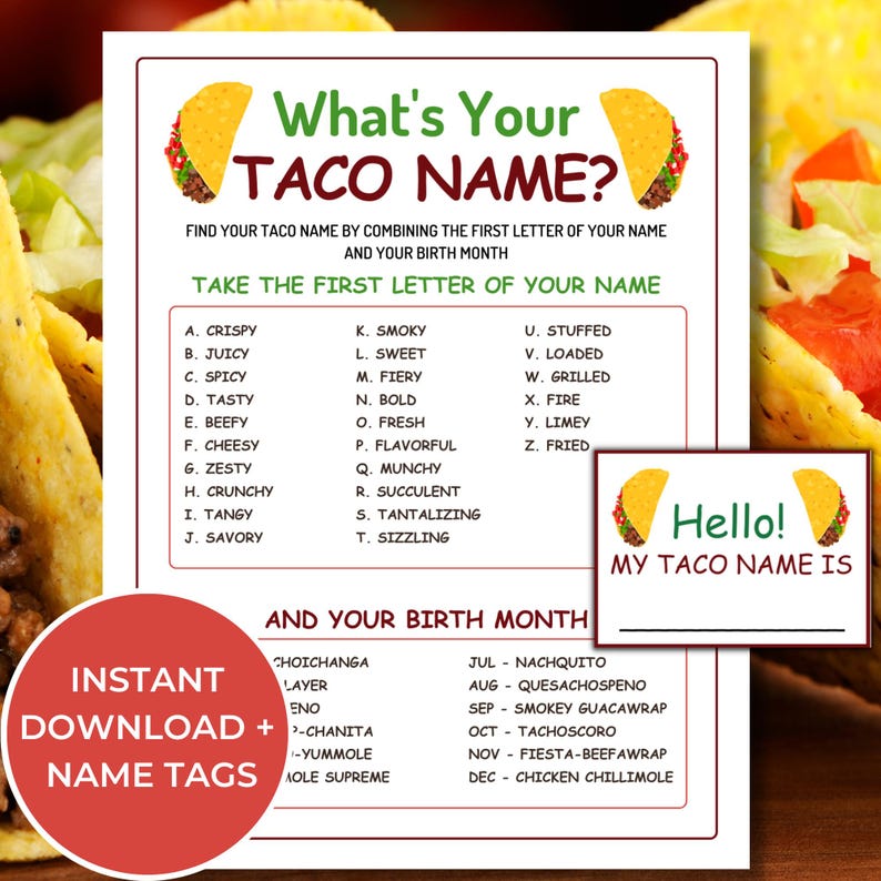 What's Your Taco Name Game With Name Tags, Printable Taco Name ...