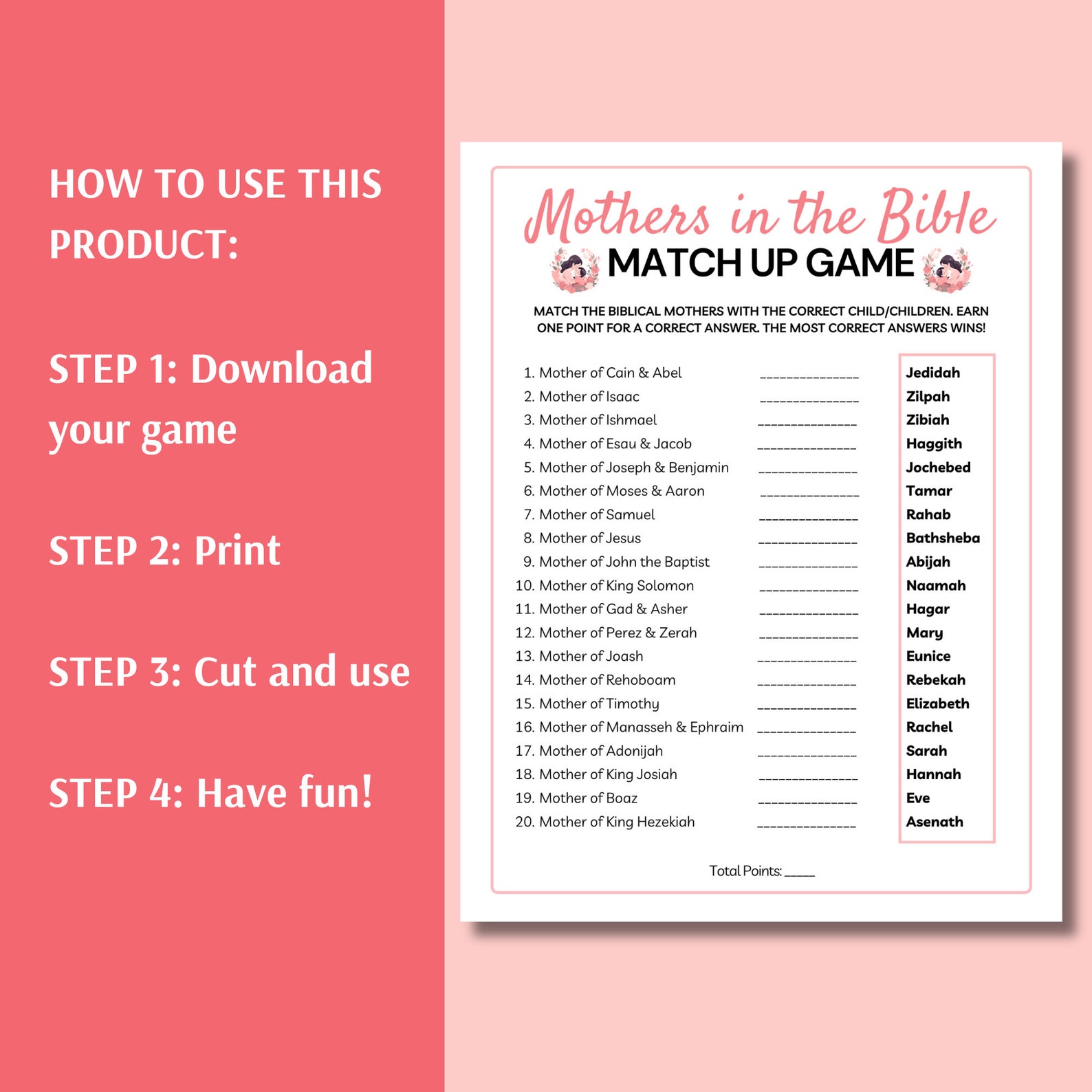 Mothers in the Bible Mother's Day Match up Game, Printable Mother's Day ...