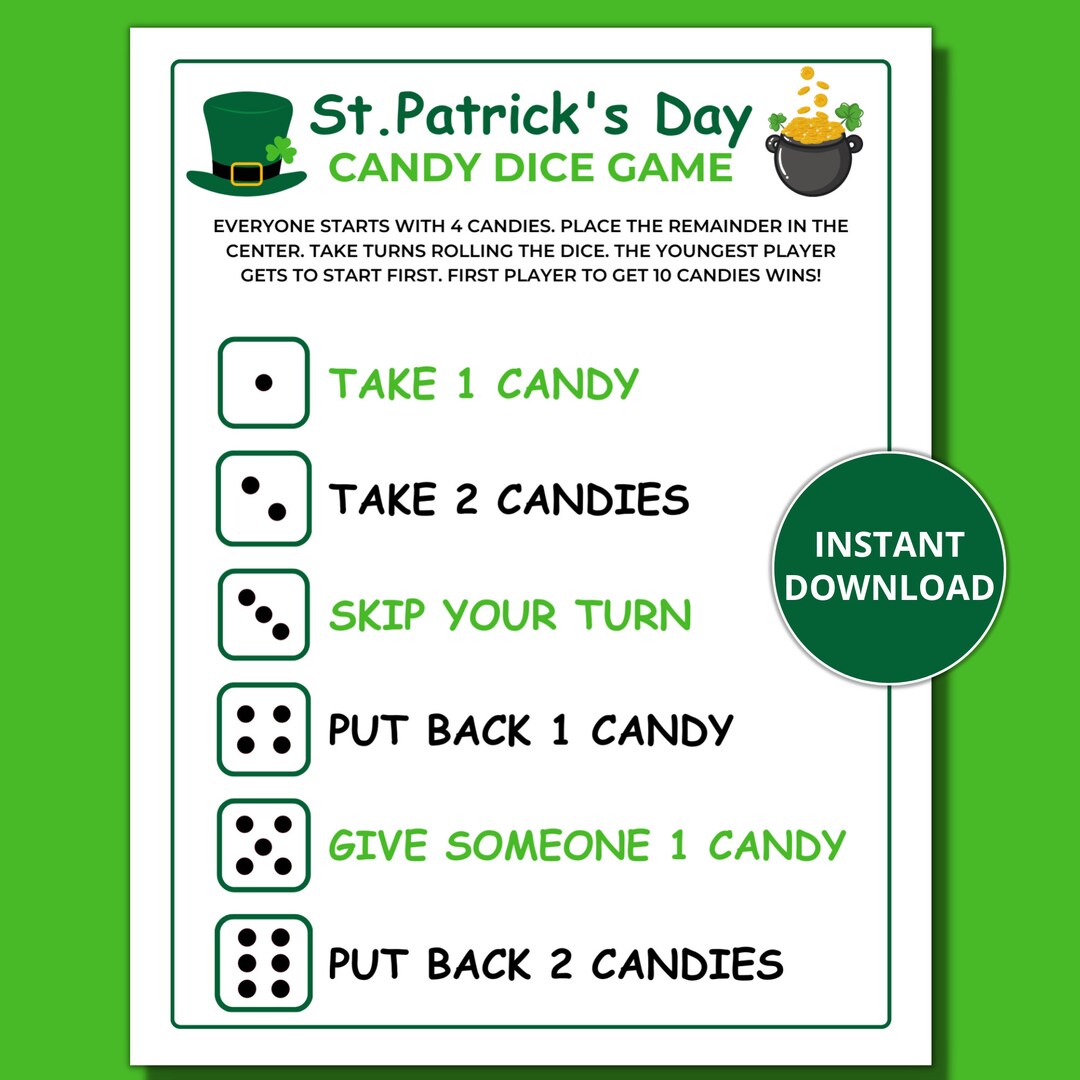 St Patrick's Day Candy Dice Game, Printable St Patty's Day Dice Game ...