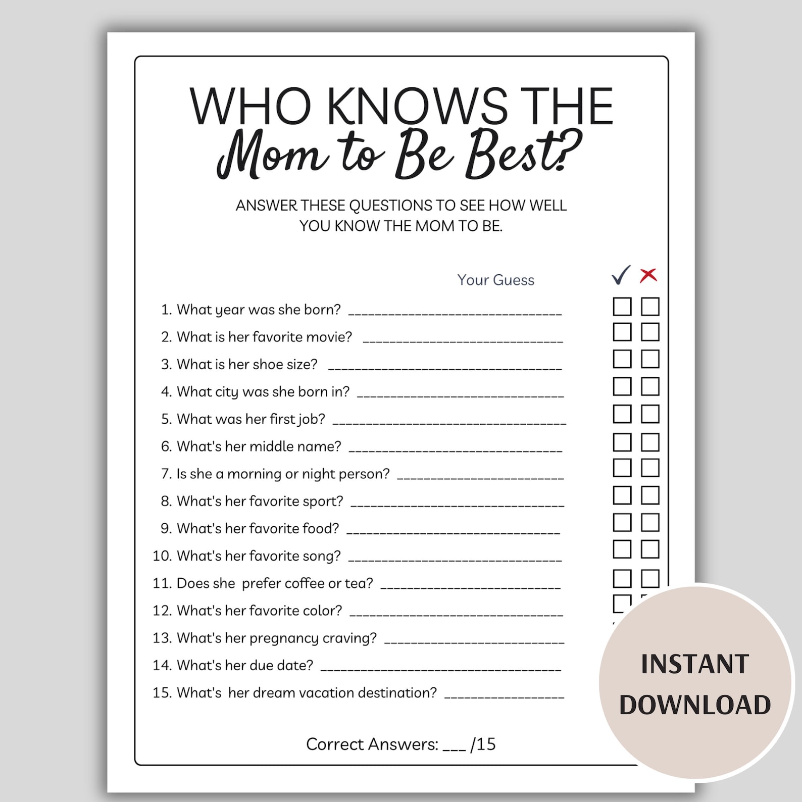 Who Knows the Mom to Be Best, Printable Baby Shower Games, Who Knows ...