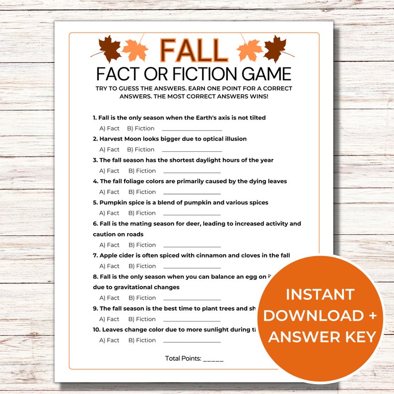 Fall Fact or Fiction Trivia Game, Fun Fall Activities, Fall Printable ...