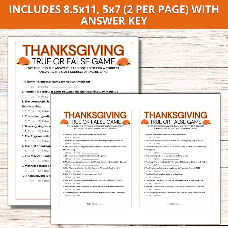 Thanksgiving True or False Game, Printable Thanksgiving Games for Kids ...