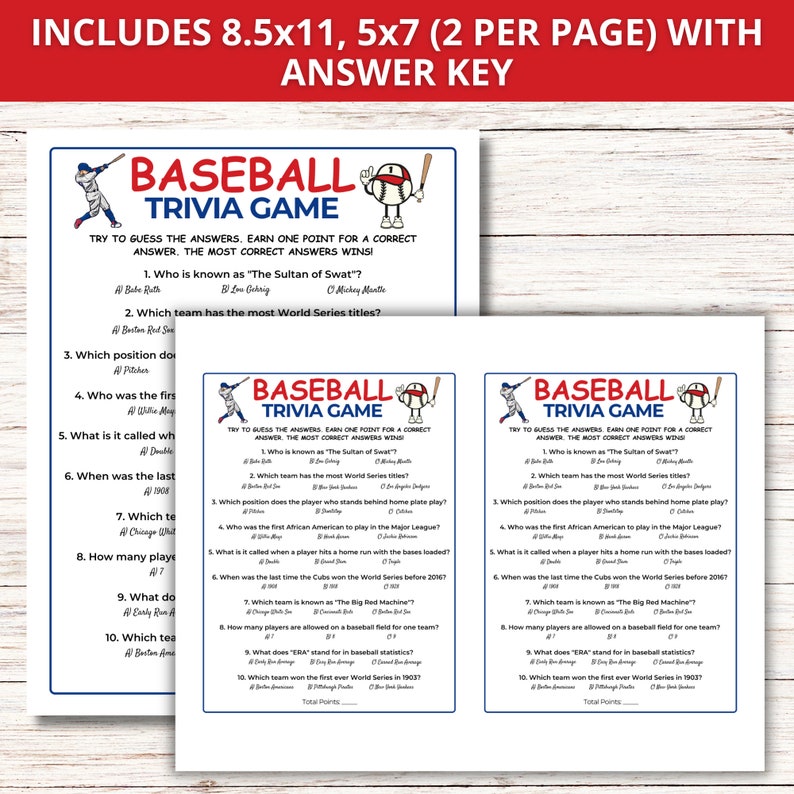 Baseball Trivia Game, Printable Baseball Team Party Games for Kids and ...