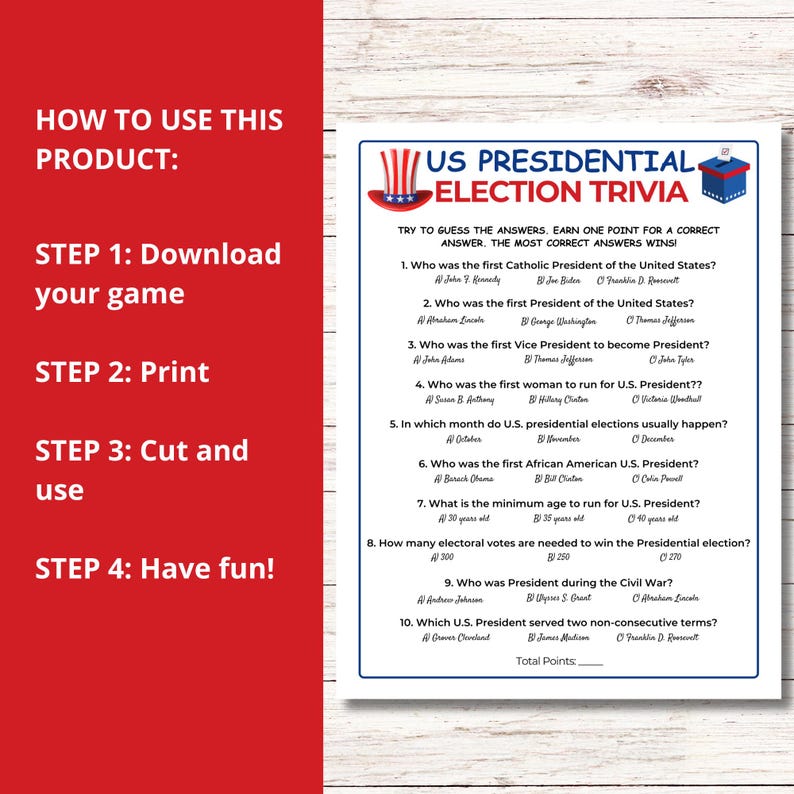 US Presidential Election Trivia Game, Printable Election Day Trivia, US ...