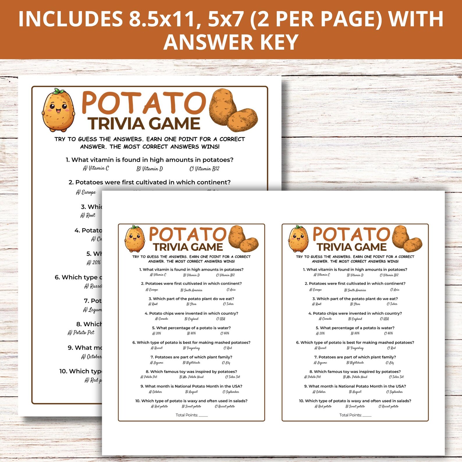 Potato Trivia Game, Printable Potato Game, Potato Quiz for Kids and ...