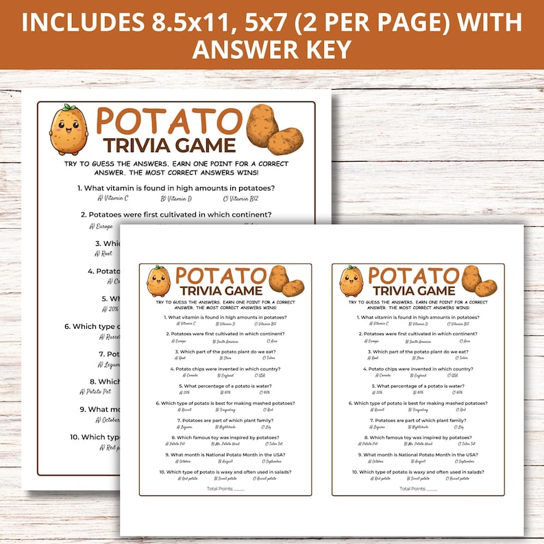 Potato Trivia Game, Printable Potato Game, Potato Quiz for Kids and ...
