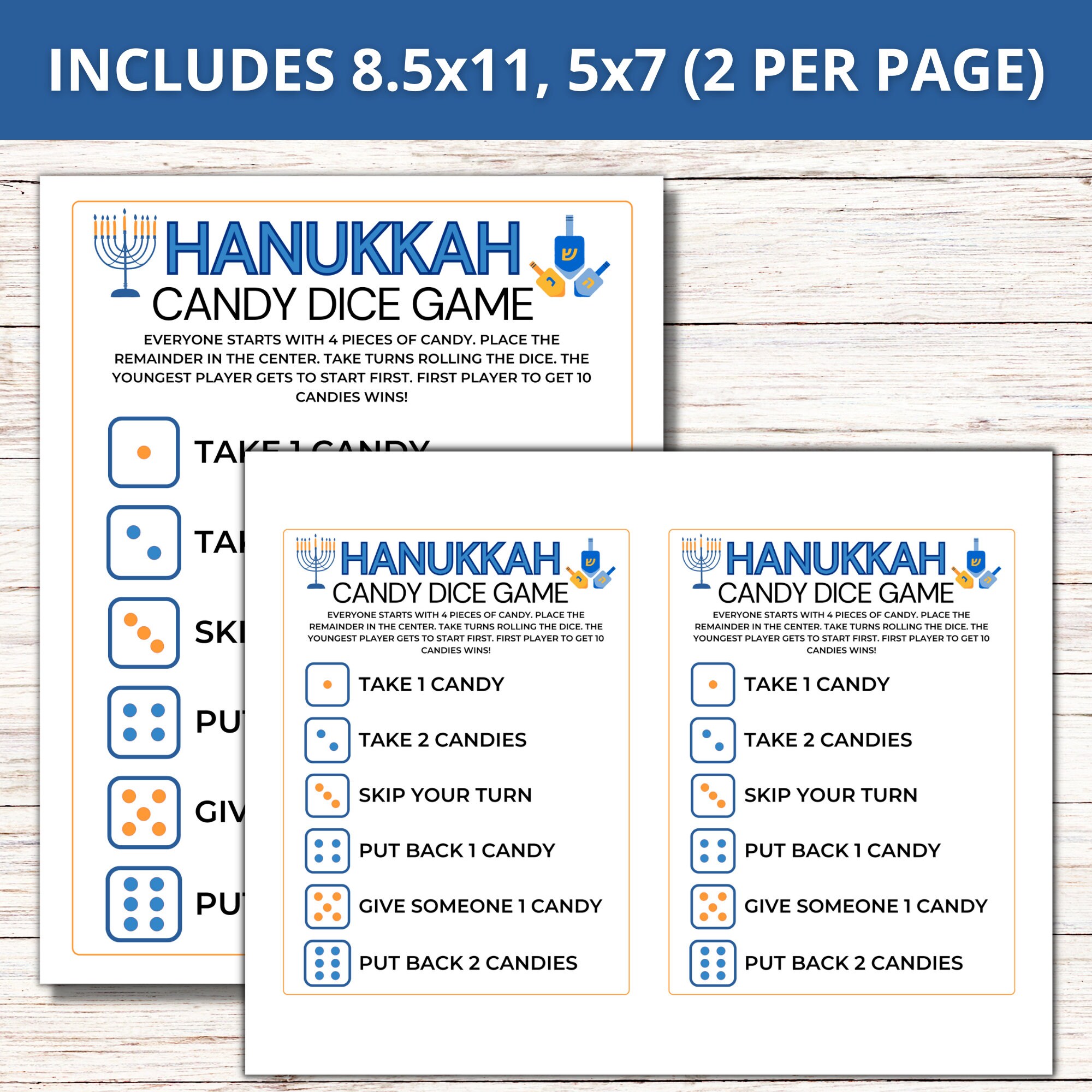 Hanukkah Candy Dice Game, Printable Hanukkah Dice Game, Candy Game for ...