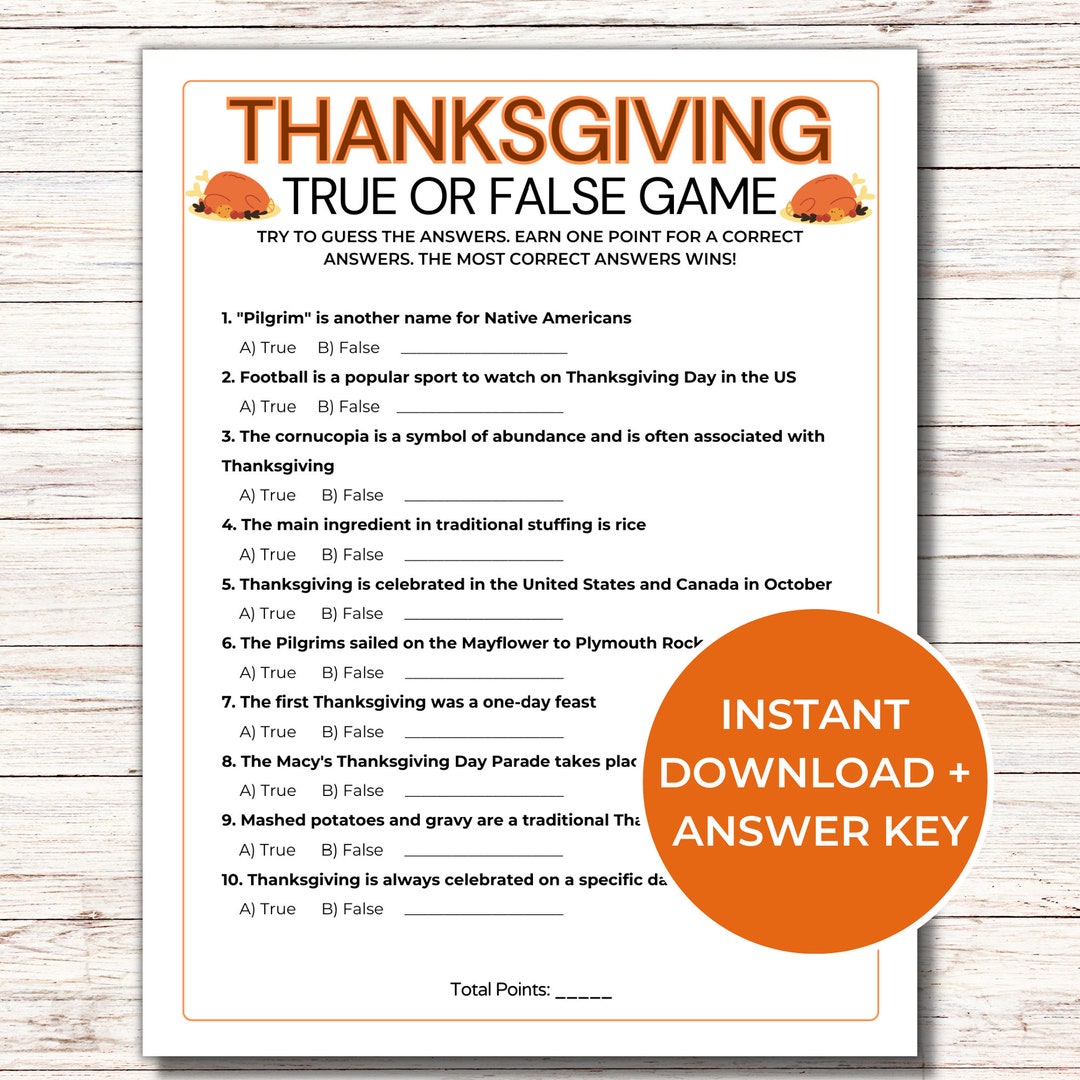 Thanksgiving True or False Game, Printable Thanksgiving Games for Kids ...