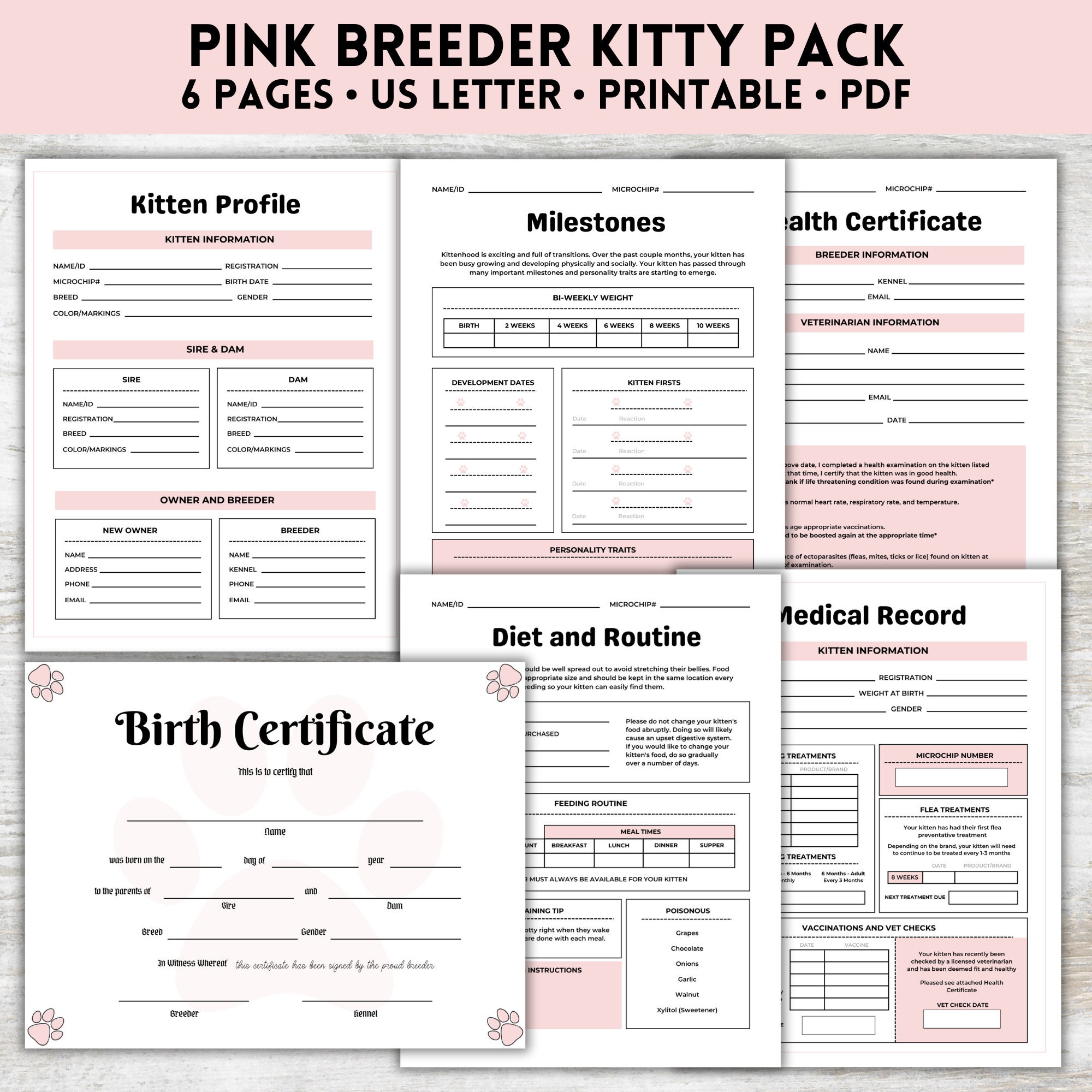 Cat Breeder Forms, Breeder Cat Pack, Kitten Breeder Records, Kitten ...