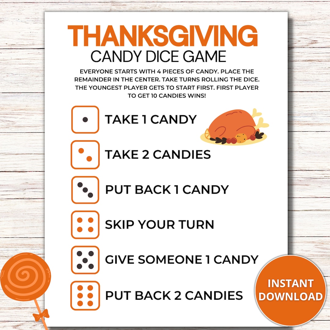 Thanksgiving Candy Dice Game, Kids Printable Game, Candy Game for Kids ...
