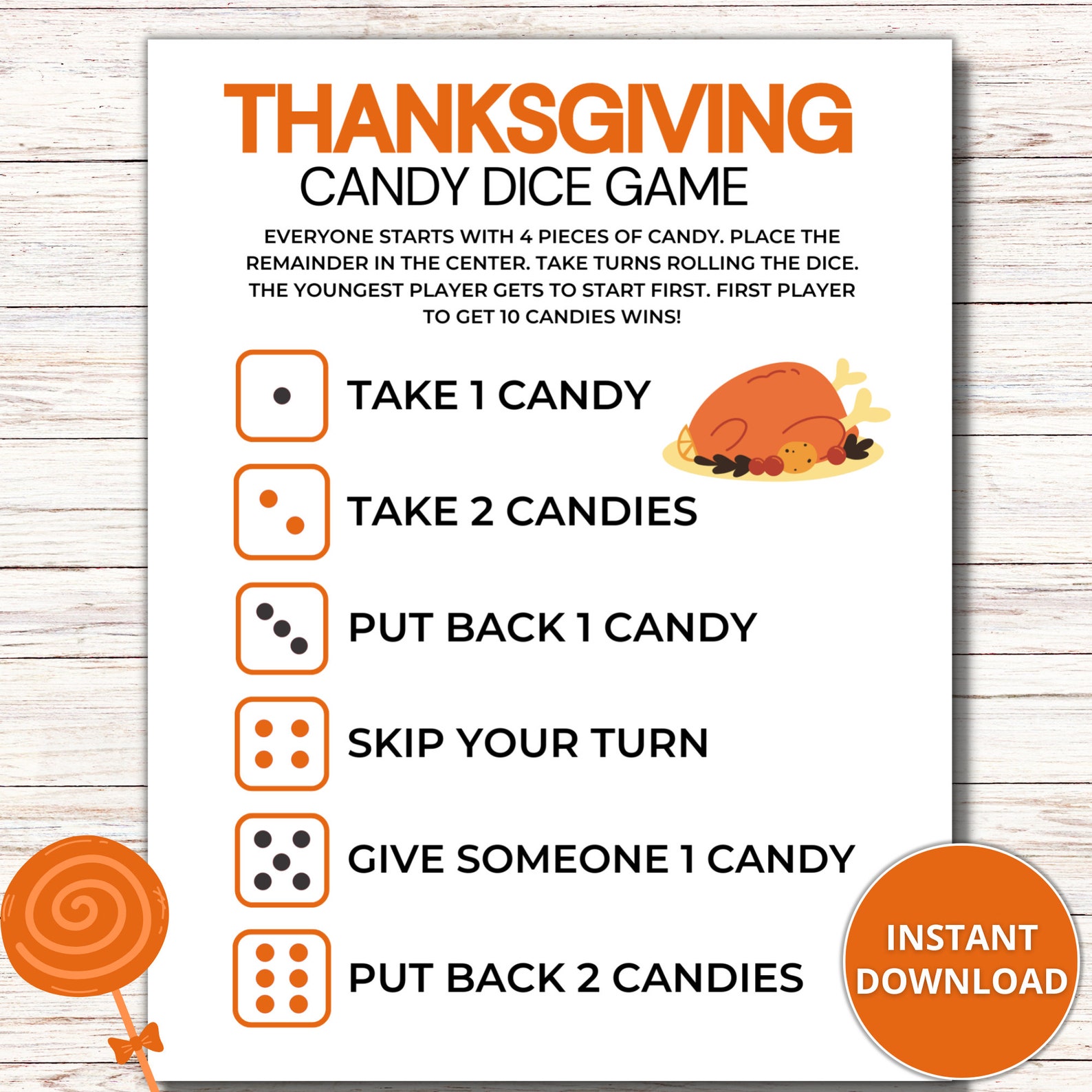 Thanksgiving Candy Dice Game, Kids Printable Game, Candy Game for Kids ...