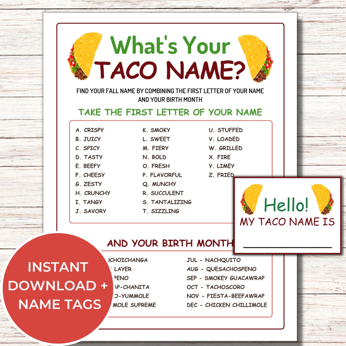 What's Your Taco Name Game With Name Tags, Printable Taco Name ...