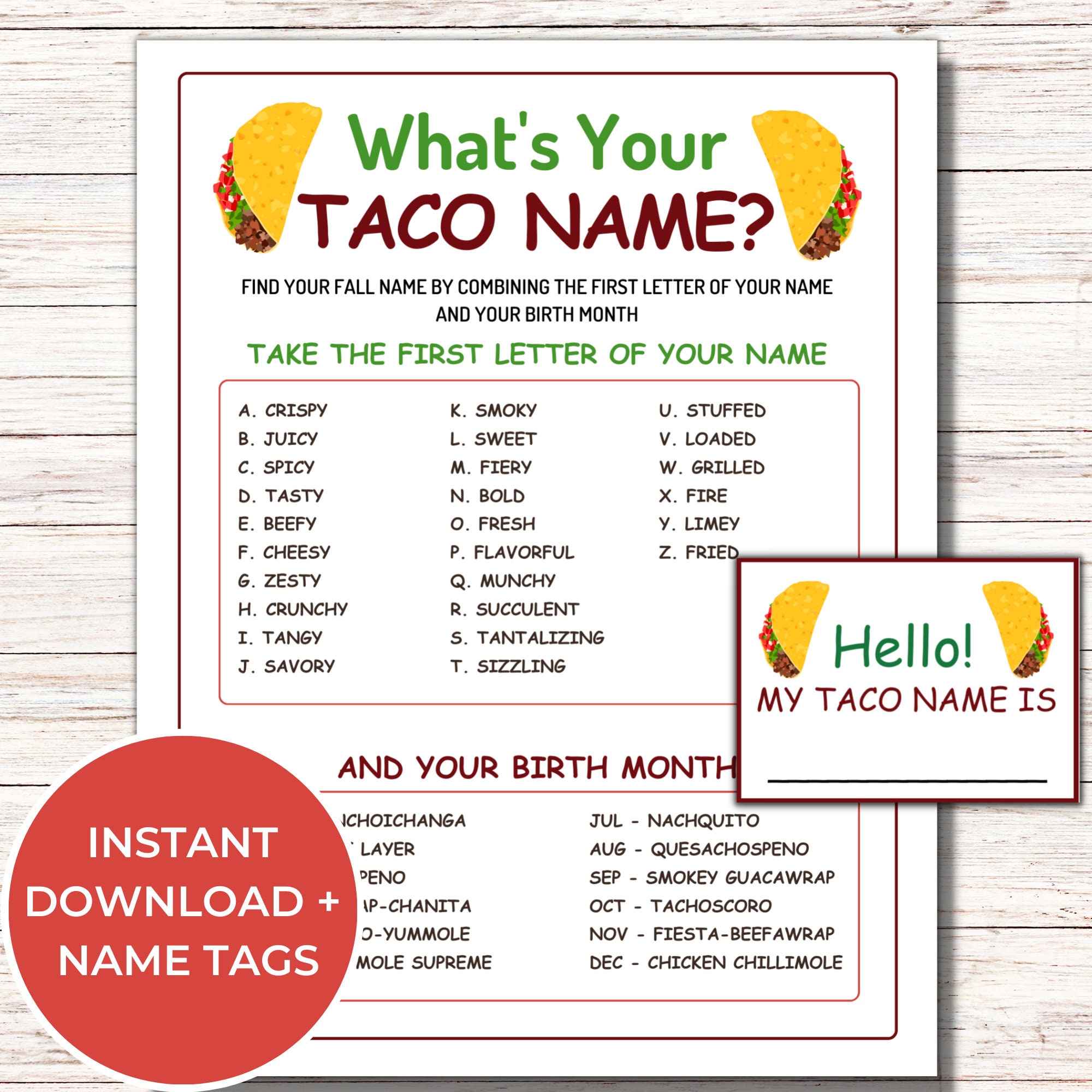 What's Your Taco Name Game With Name Tags, Printable Taco Name ...