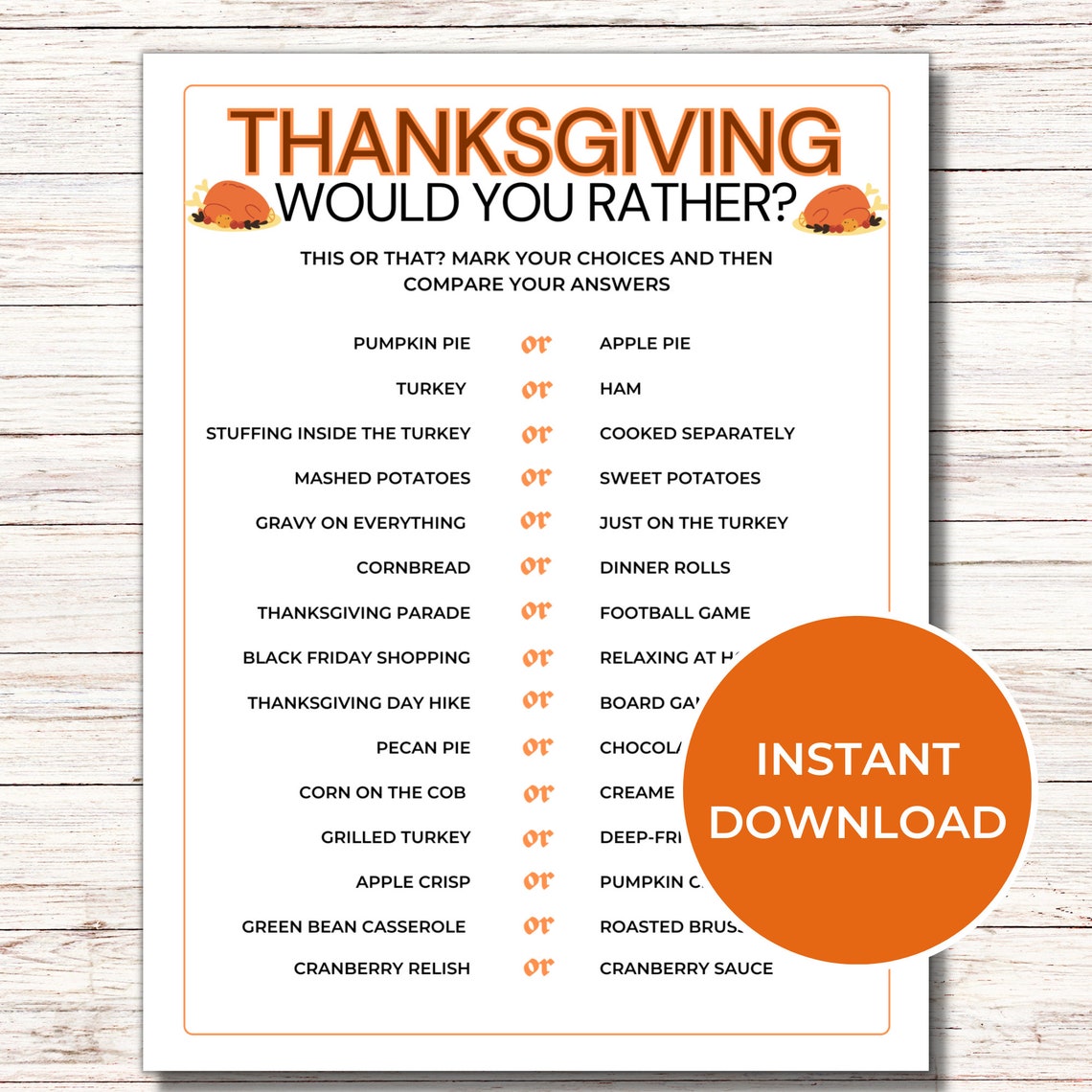Thanksgiving Would You Rather Game, Printable Thanksgiving This or That ...