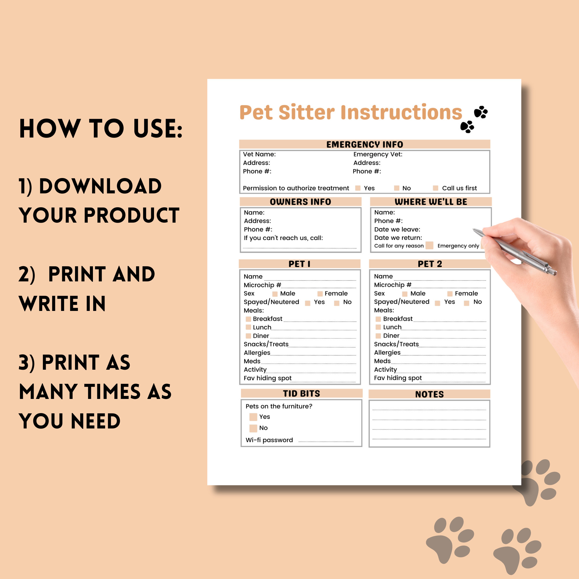 Pet Sitter Instructions, Printable Pet Sitter Guide, Pet Care Form ...