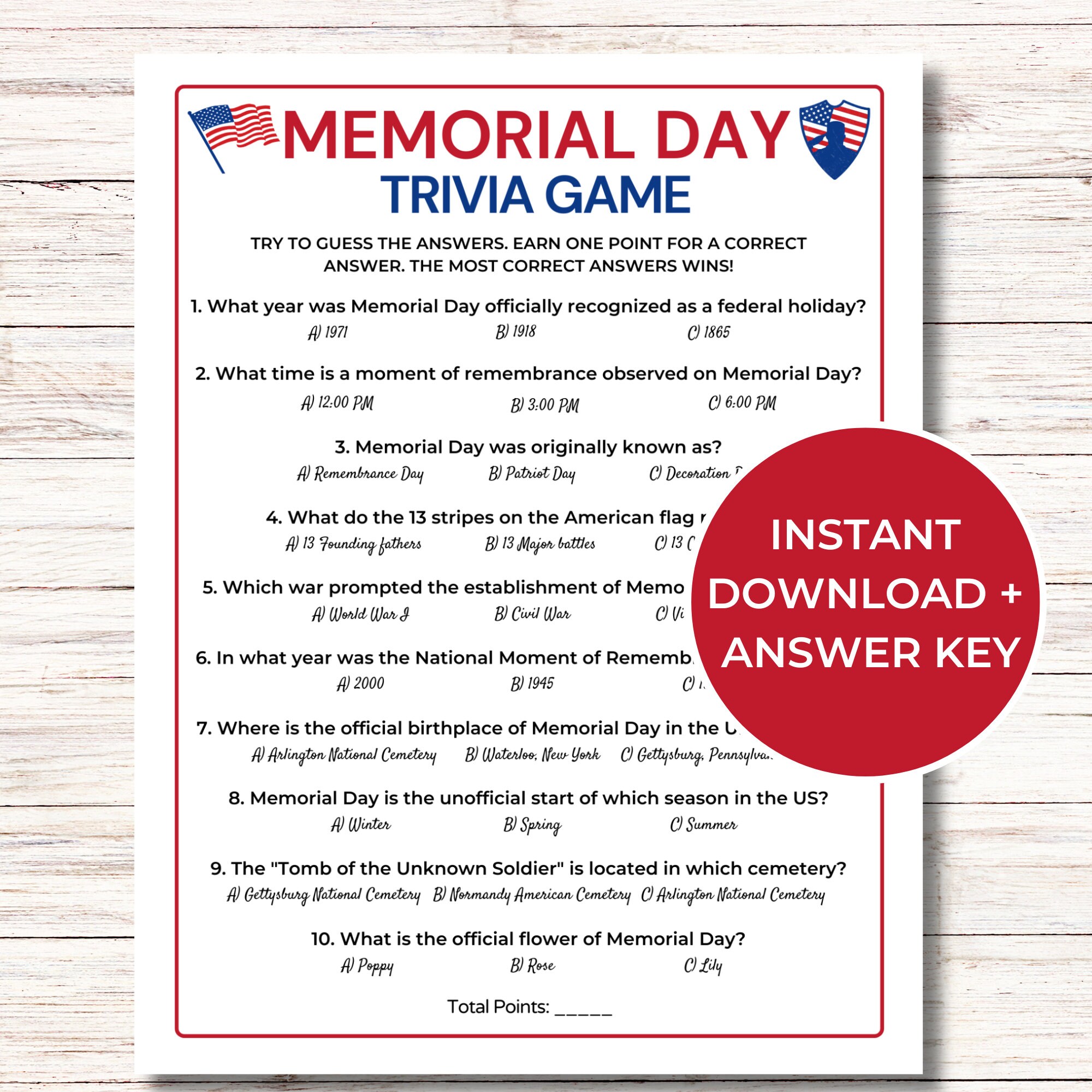 Memorial Day Trivia Game, Printable Memorial Day Game for Kids and ...