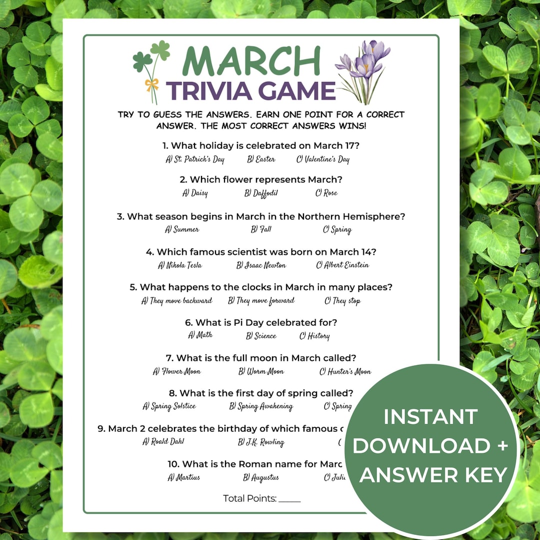 March Trivia Game, Printable March Party Game, Fun Spring Activities ...