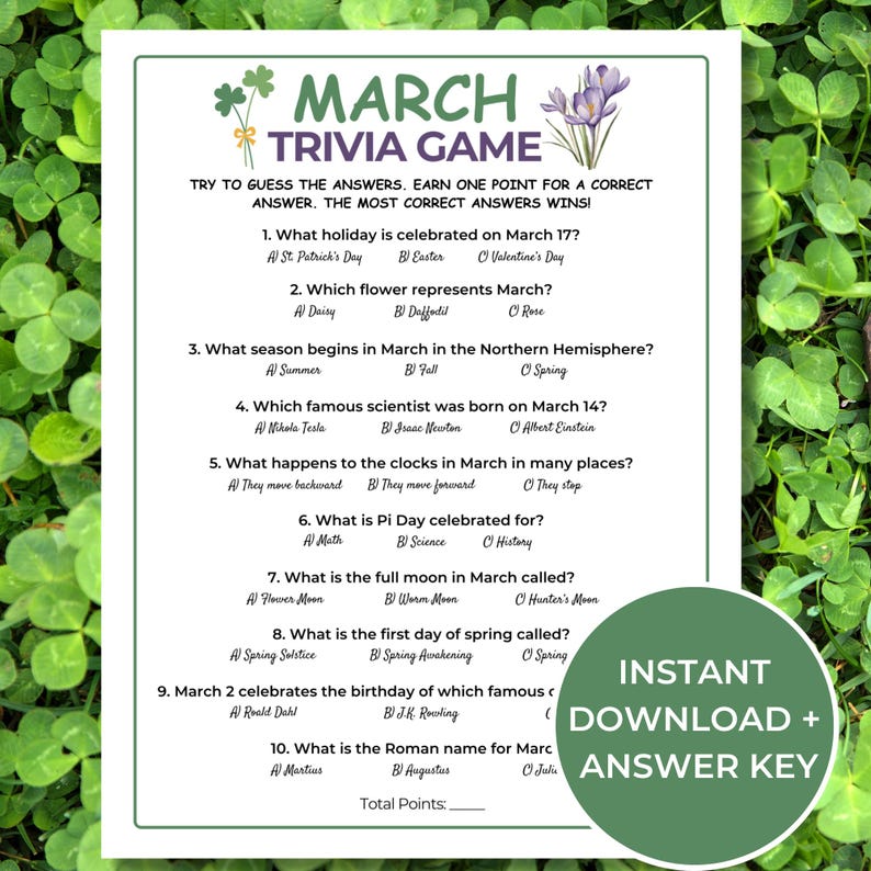 March Trivia Game, Printable March Party Game, Fun Spring Activities ...