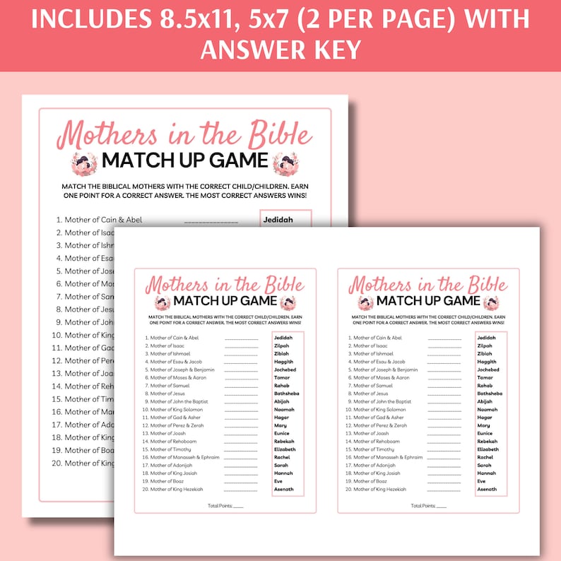 Mothers in the Bible Mother's Day Match up Game, Printable Mother's Day ...