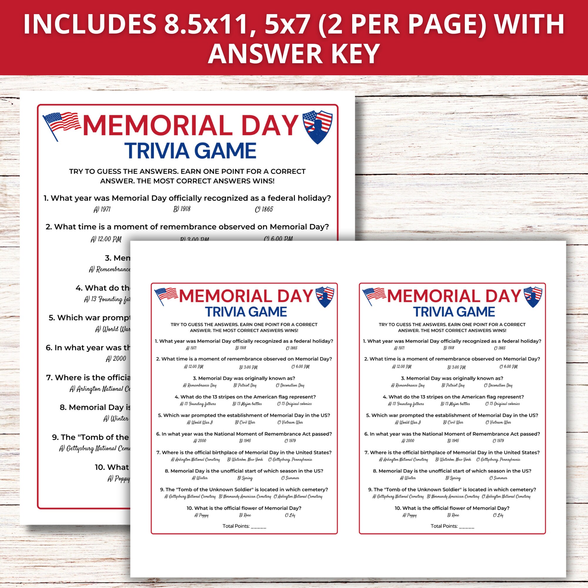 Memorial Day Trivia Game, Printable Memorial Day Game for Kids and ...