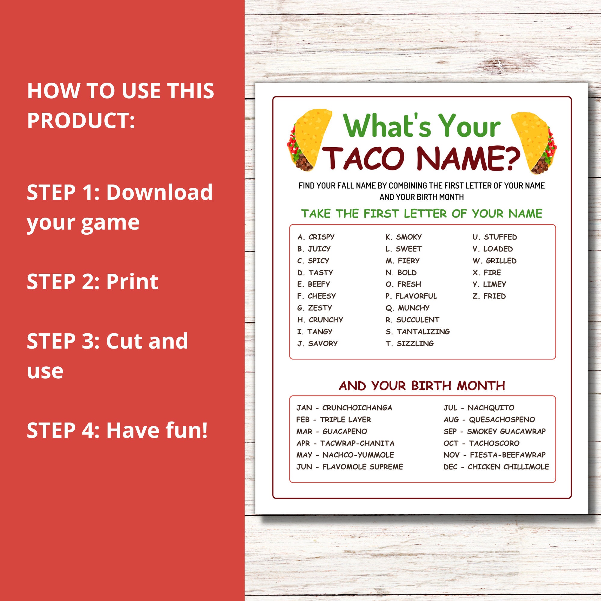 What's Your Taco Name Game With Name Tags, Printable Taco Name ...
