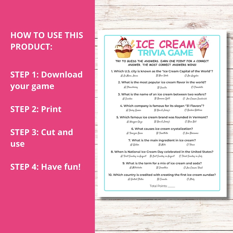 Ice Cream Trivia Game, Printable Ice Cream Party Game, Summer Activity ...