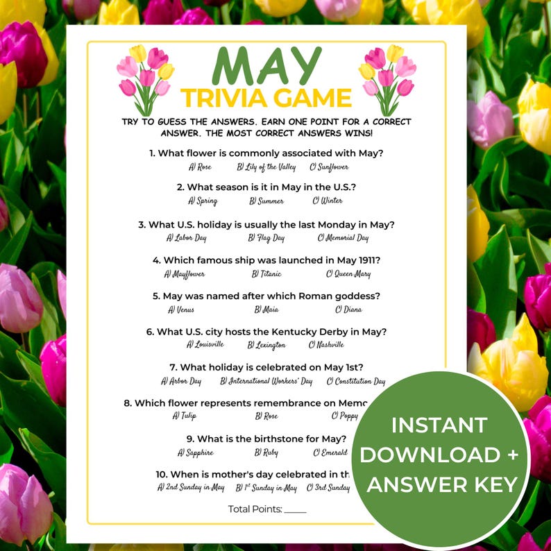 May Trivia Game, Printable May Party Game, Fun Spring Activities for ...