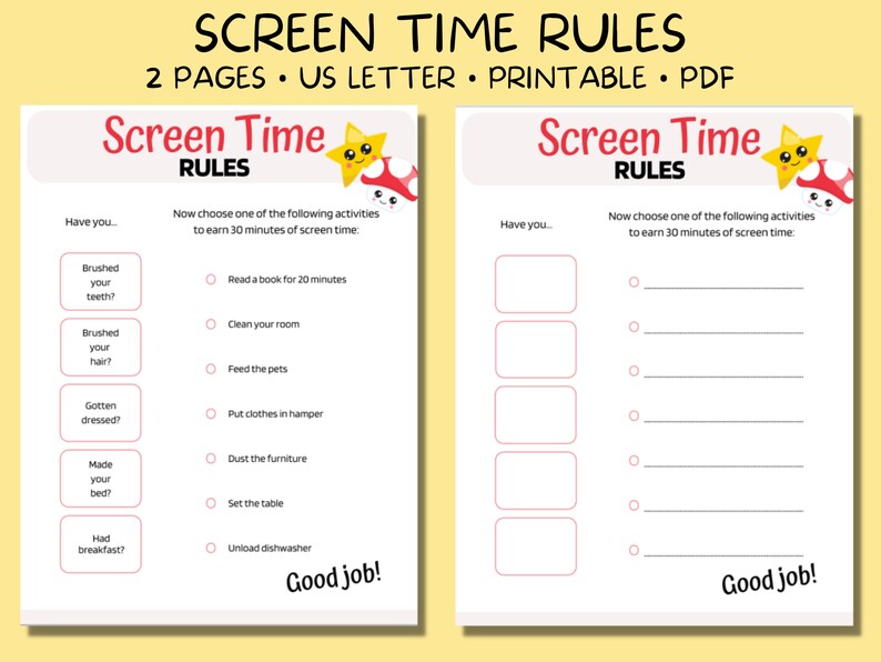 Summer Screen Time Rules Printable Checklist, Screen Time Chart, Daily ...