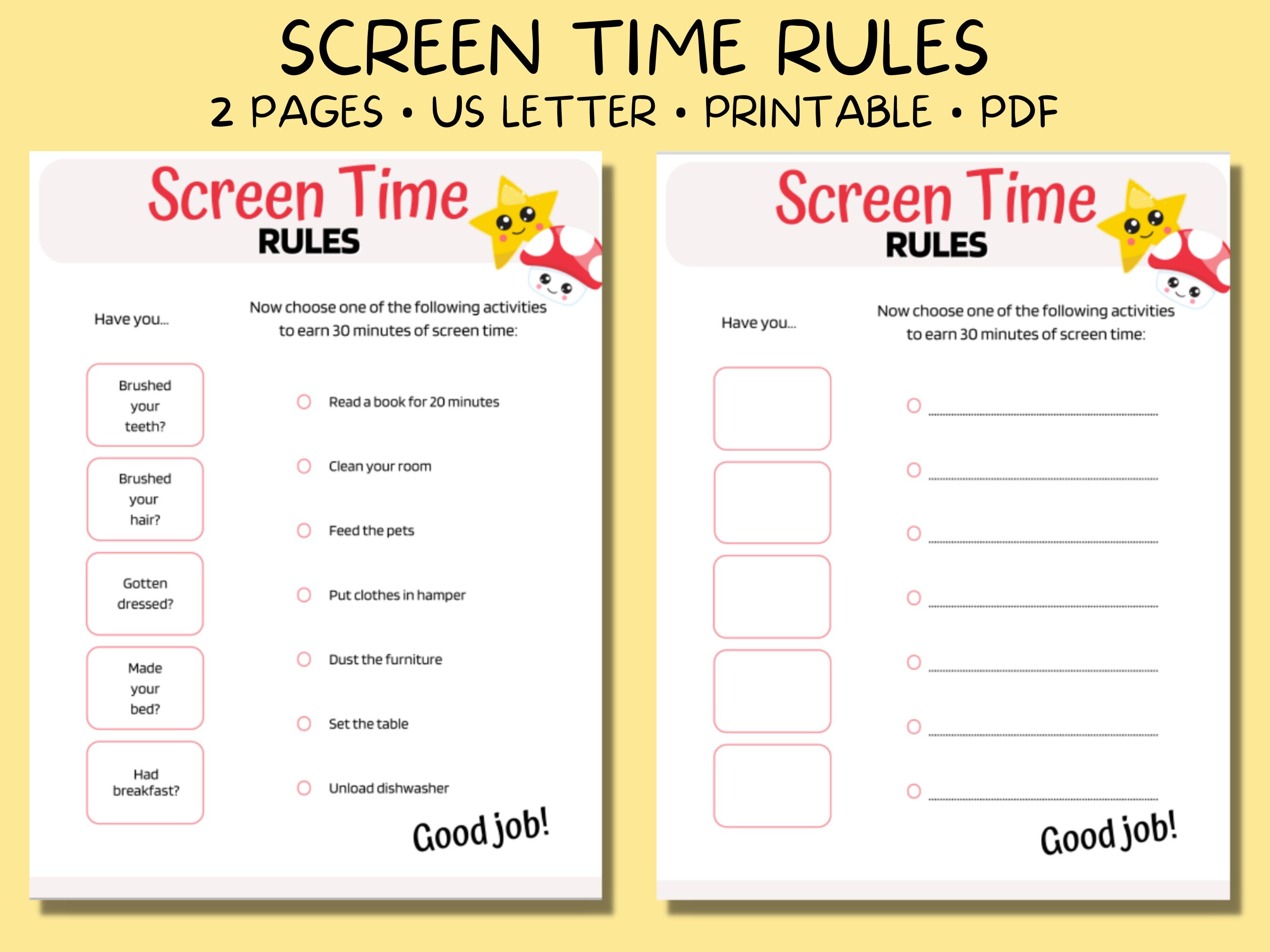 Summer Screen Time Rules Printable Checklist, Screen Time Chart, Daily ...