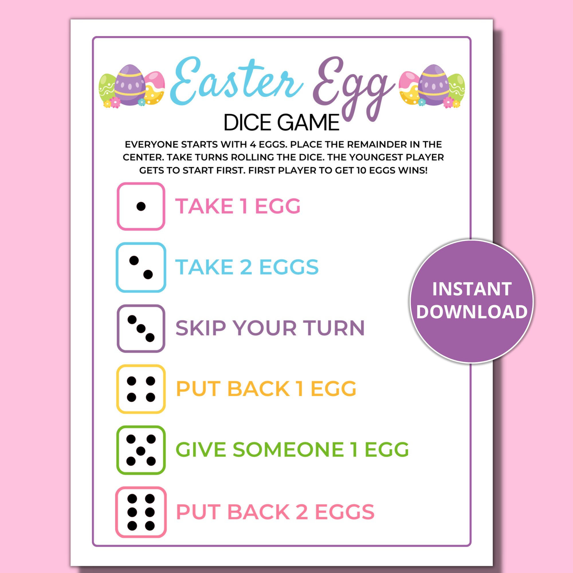 Easter Egg Dice Game, Printable Easter Dice Game, Easter Egg Exchange ...